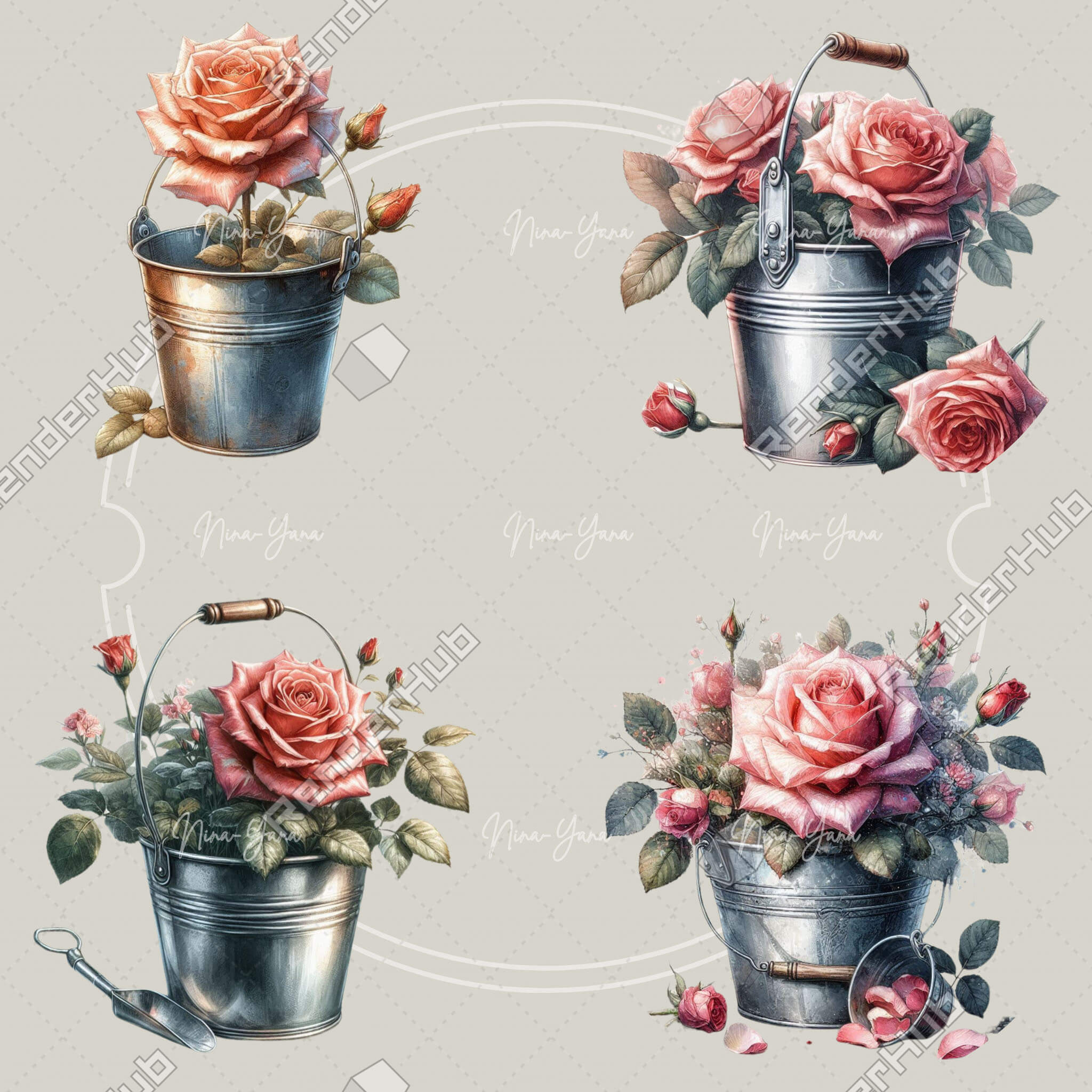 17 Roses in a Bucket Clipart - Stock Image by Nina-Yana