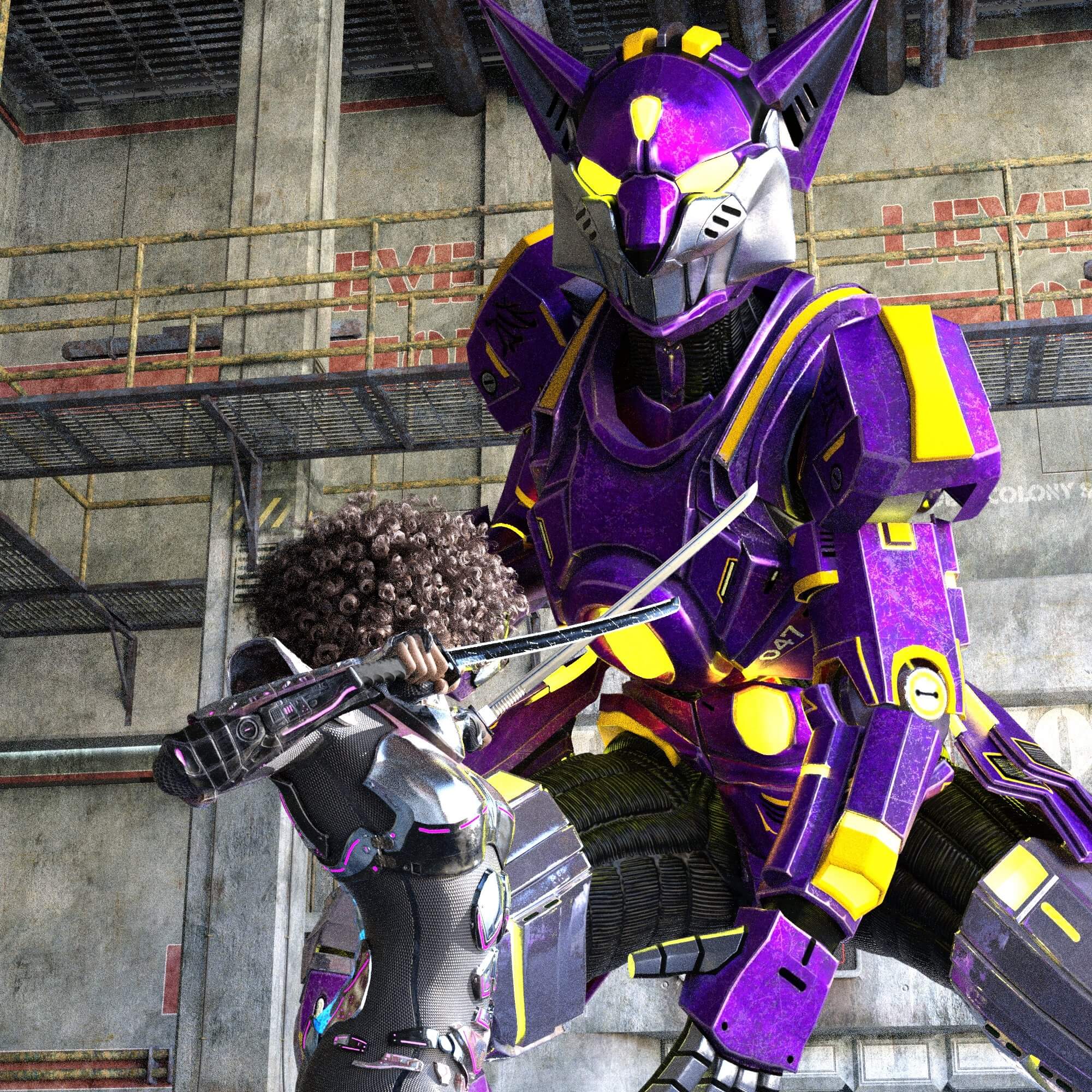 Samurai vs Mech 3D Render, Digital Art by ninjxc