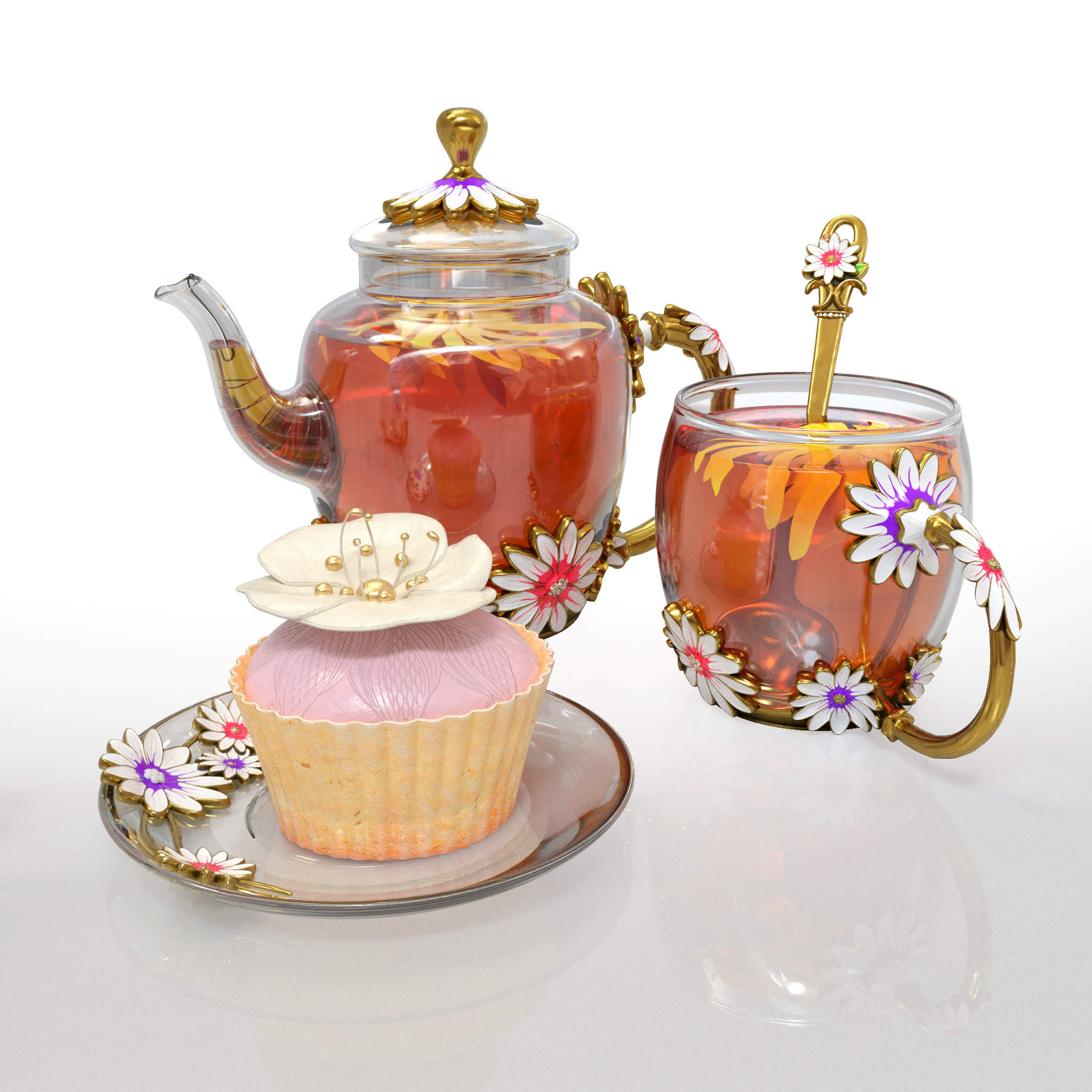 Handmade Tea Set With Cake 3D Model 3D Render by North2023