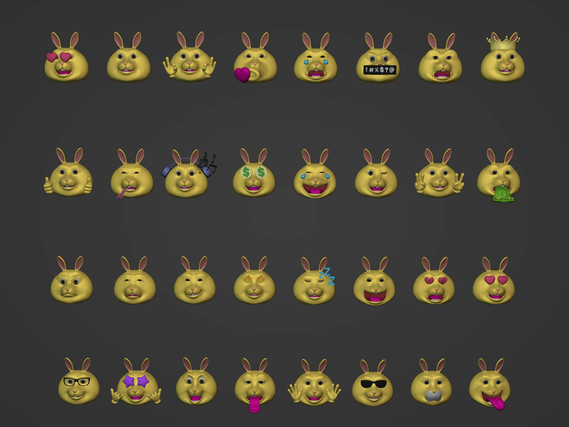 Cartoon Bunny Heads -- Smiley Pack 3D Model by Ocstard