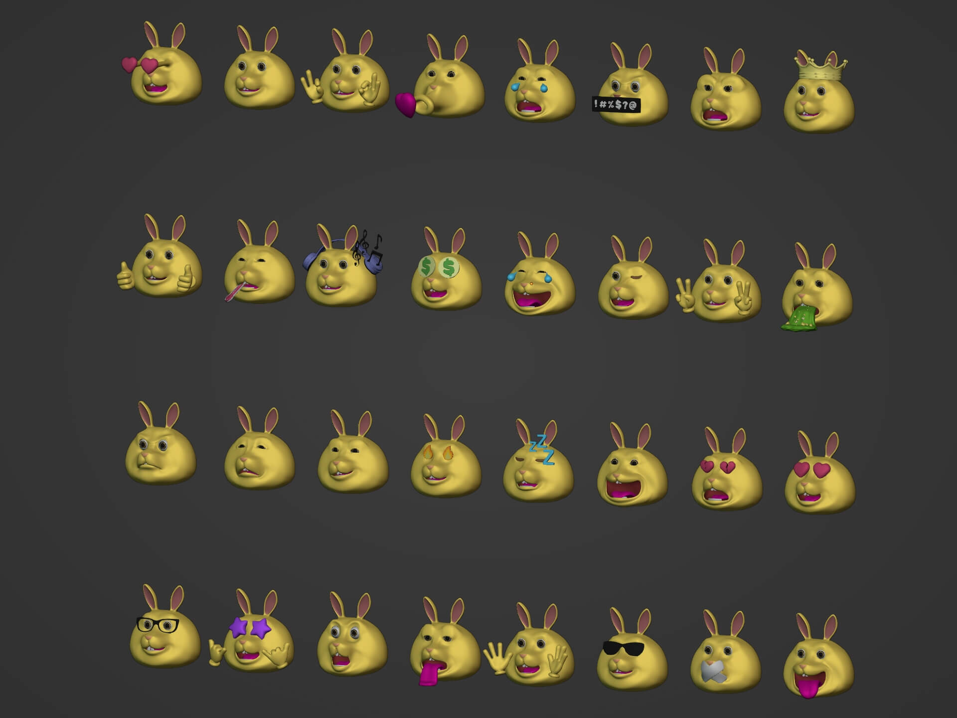 Cartoon Bunny Heads -- Smiley Pack 3D Model by Ocstard