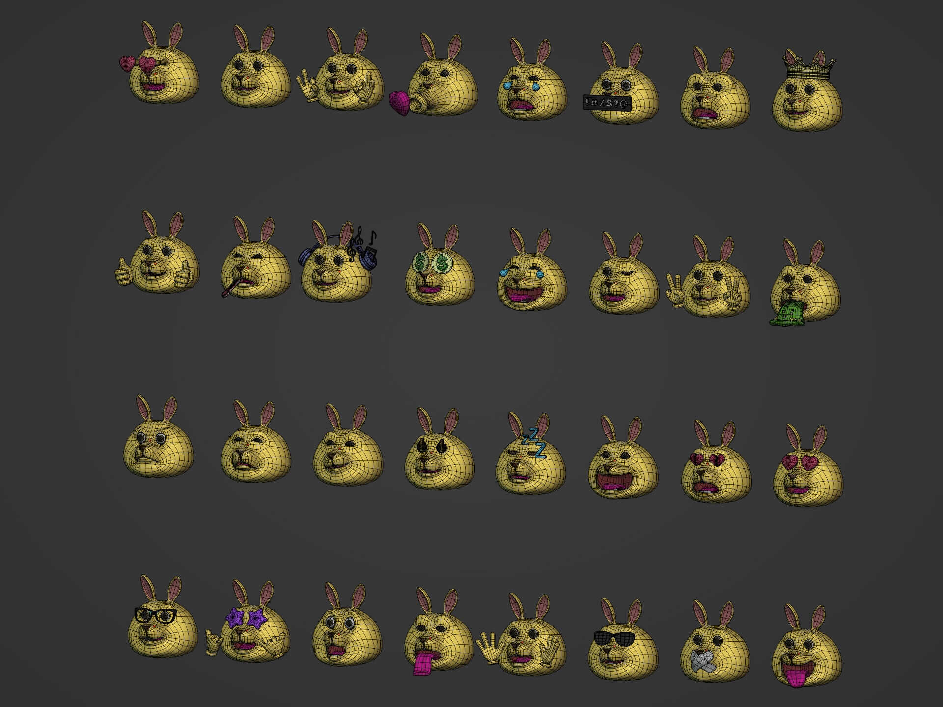 Cartoon Bunny Heads -- Smiley Pack 3D Model by Ocstard