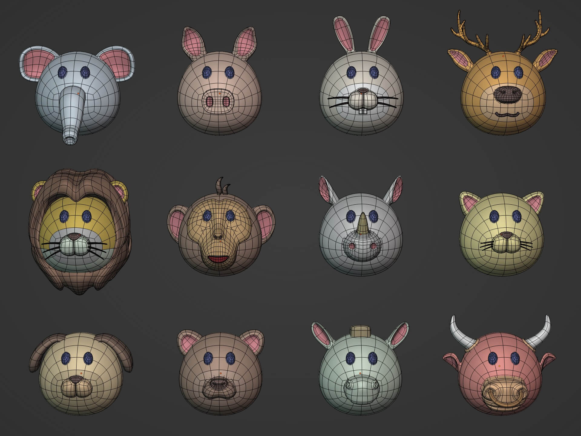 Cartoon Animal Heads Pack - 3D Model by Ocstard