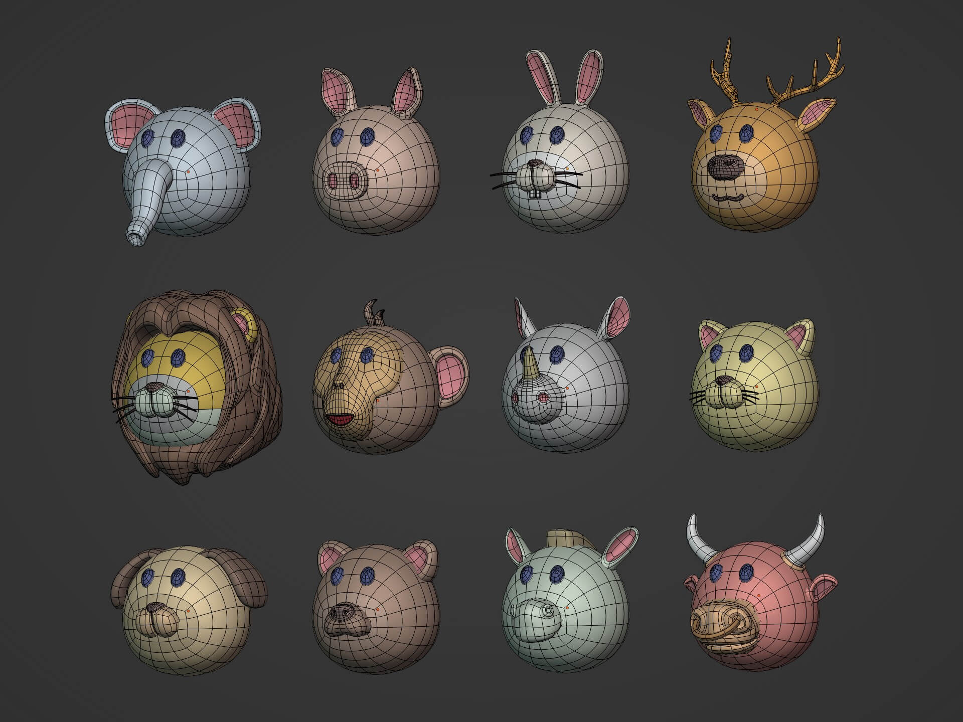 Cartoon Animal Heads Pack - 3D Model by Ocstard
