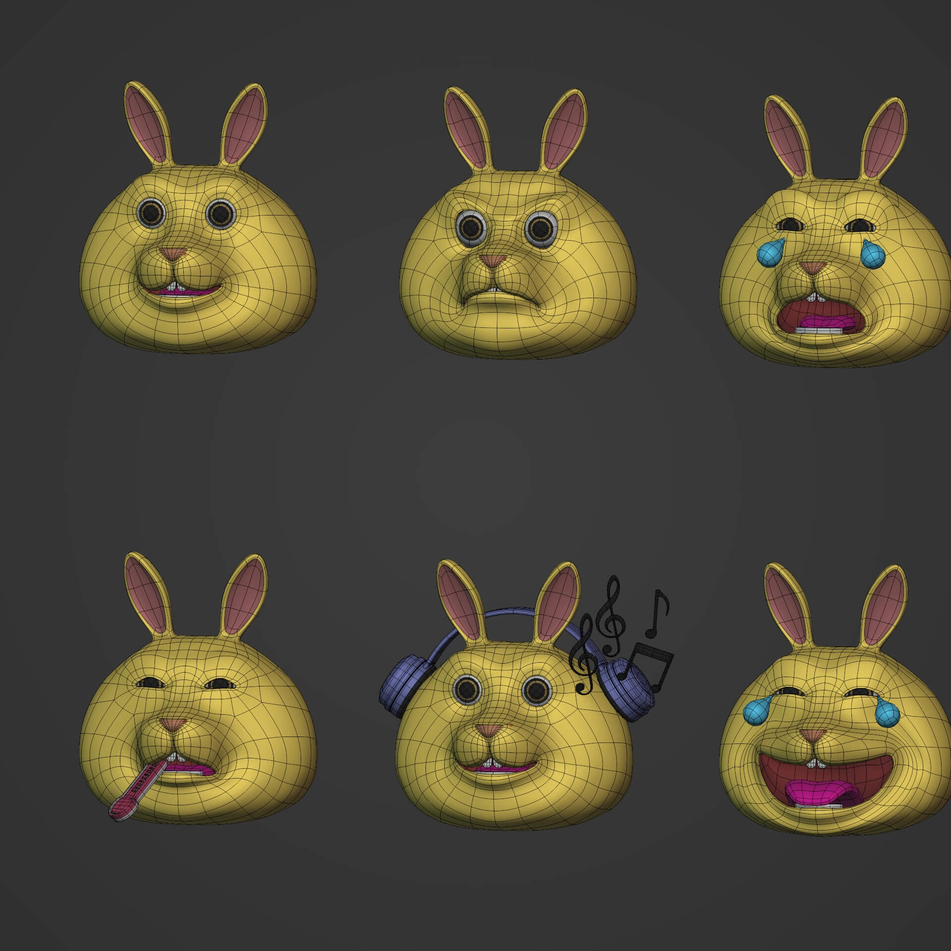 Cartoon Bunny Heads -- Smiley Pack 3D Model by Ocstard