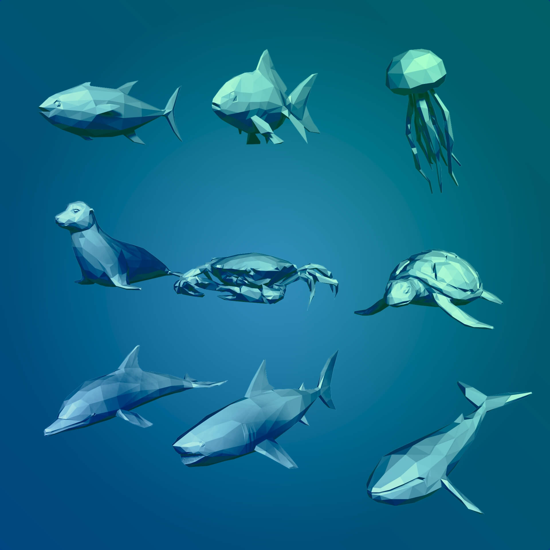 Low Poly Polygonal Cartoon Sea Animals - 3D Model by Ocstard