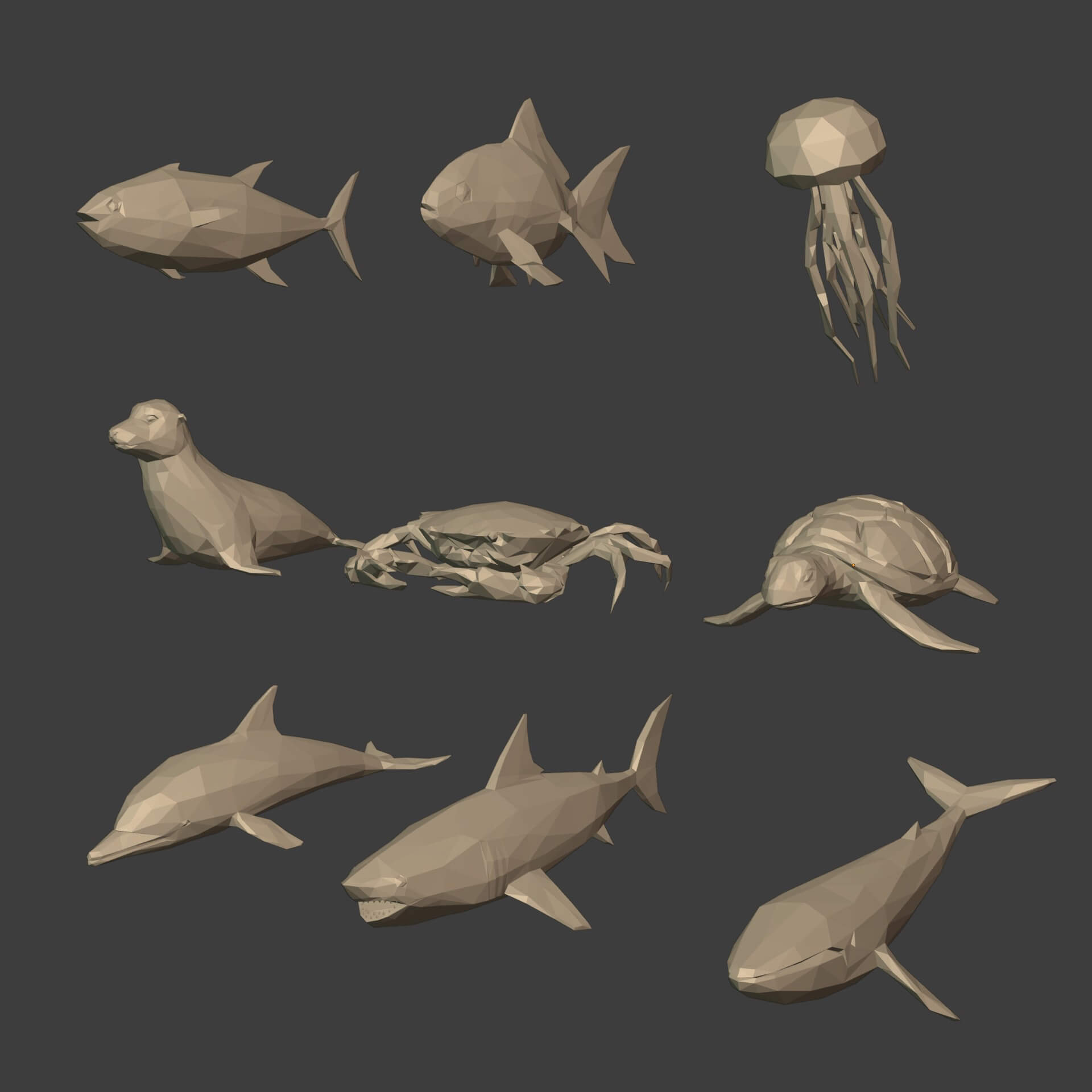 Low Poly Polygonal Cartoon Sea Animals - 3D Model by Ocstard