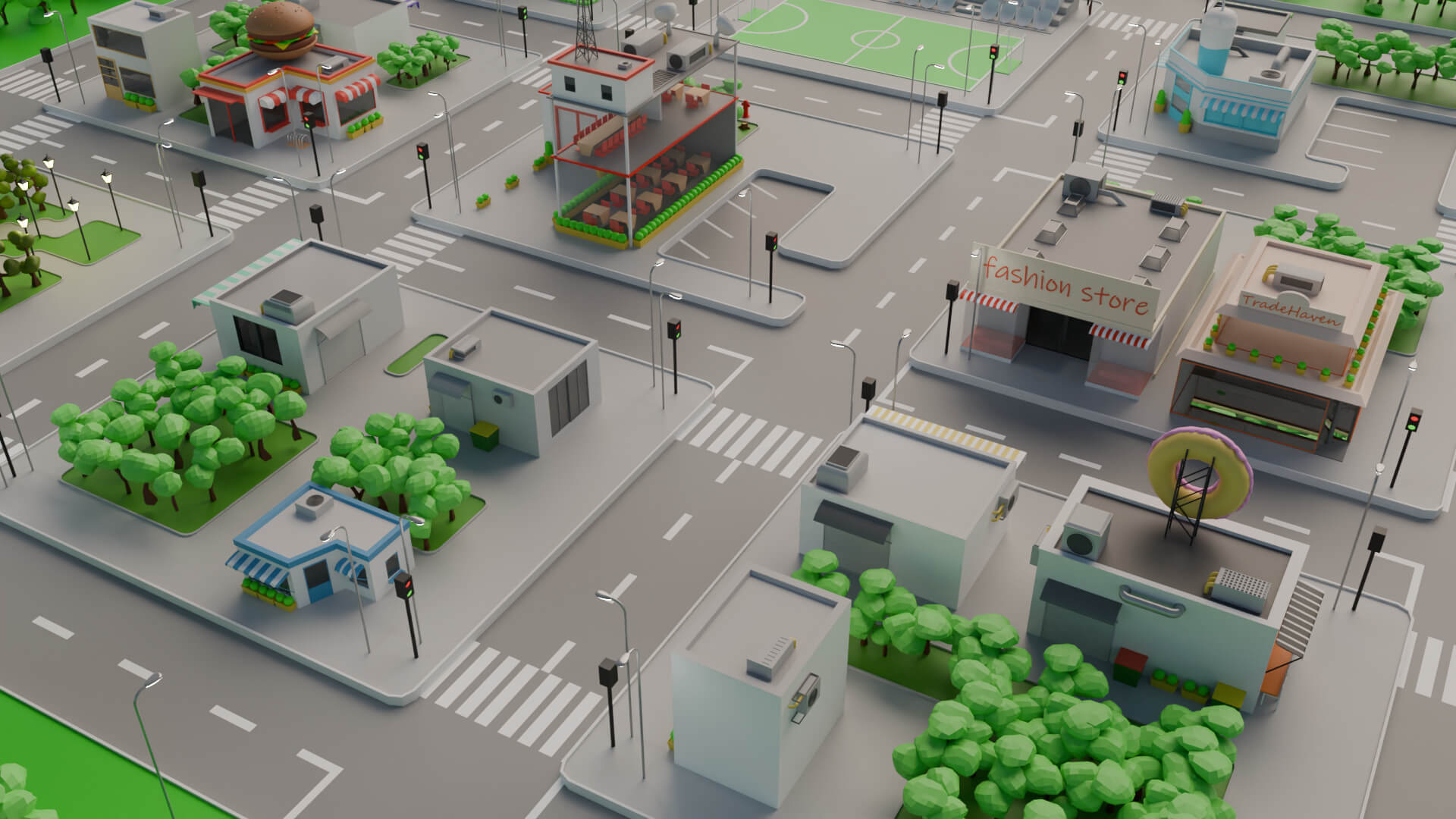 Low Poly City Block With Burger Shop – Stylized Urban - 3D Model by ...