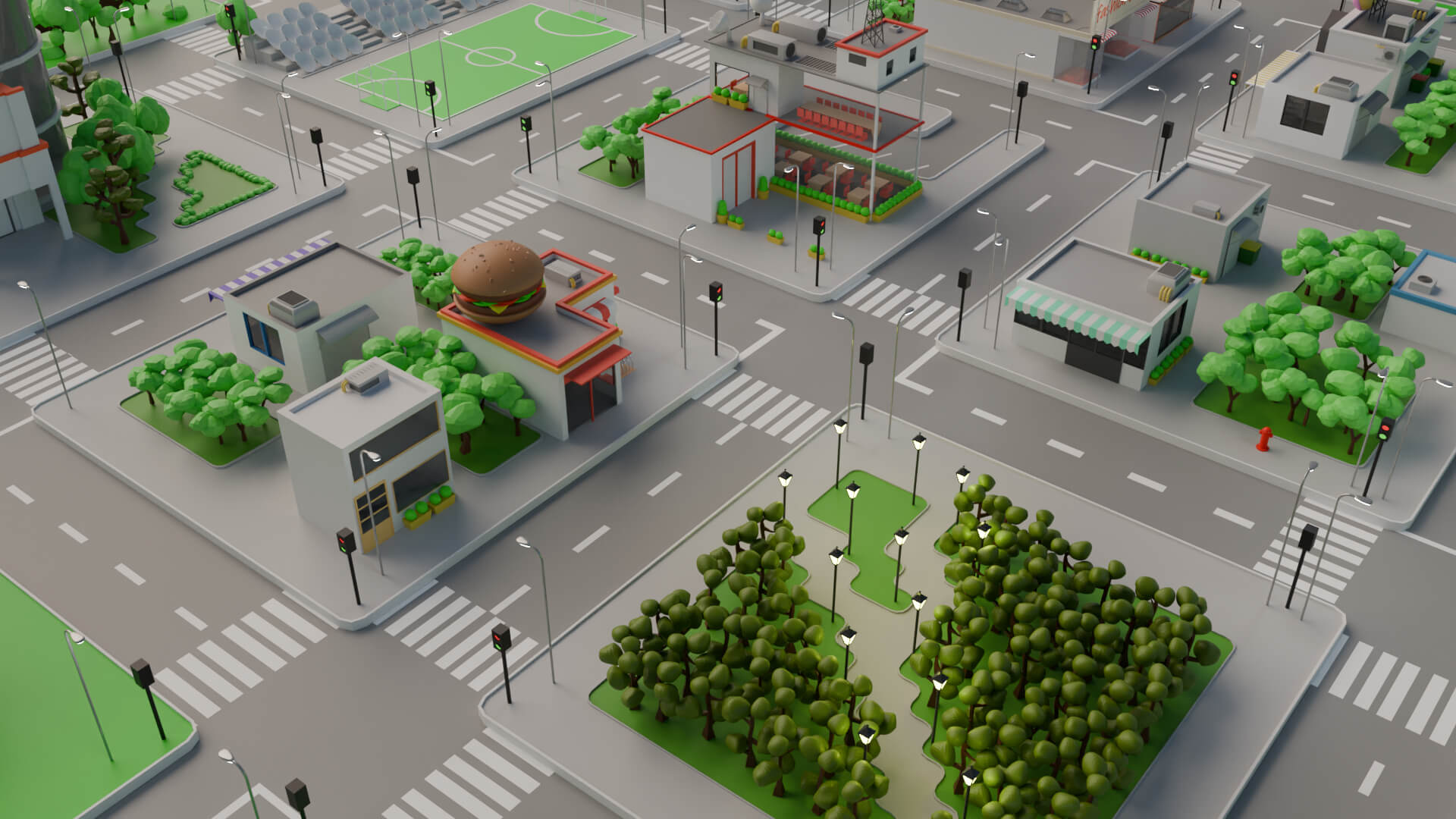 Low Poly City Block With Burger Shop – Stylized Urban - 3D Model by ...