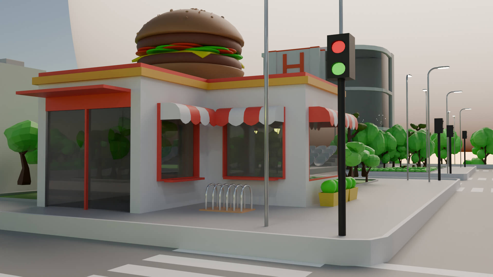 Low Poly City Block With Burger Shop – Stylized Urban - 3D Model by ...