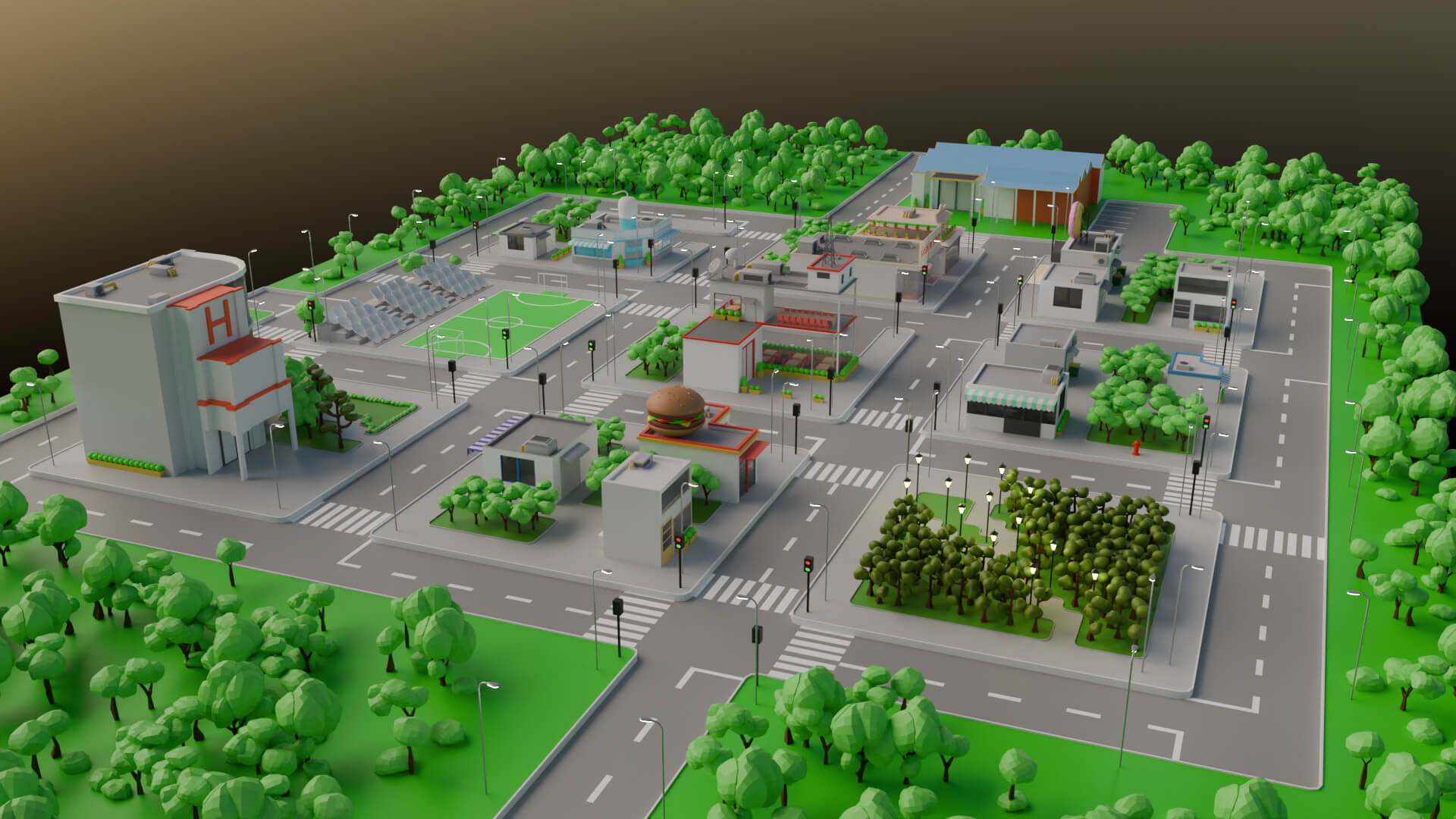 Low Poly City Block With Burger Shop – Stylized Urban - 3D Model by ...