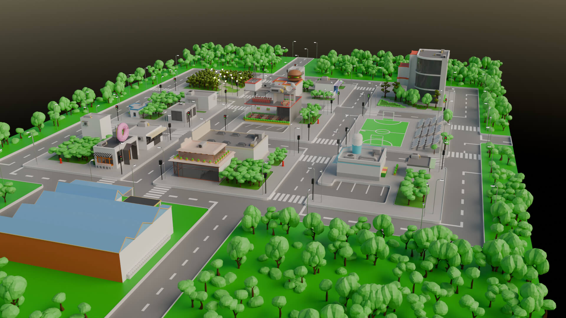 Low Poly City Block With Burger Shop – Stylized Urban - 3D Model by ...