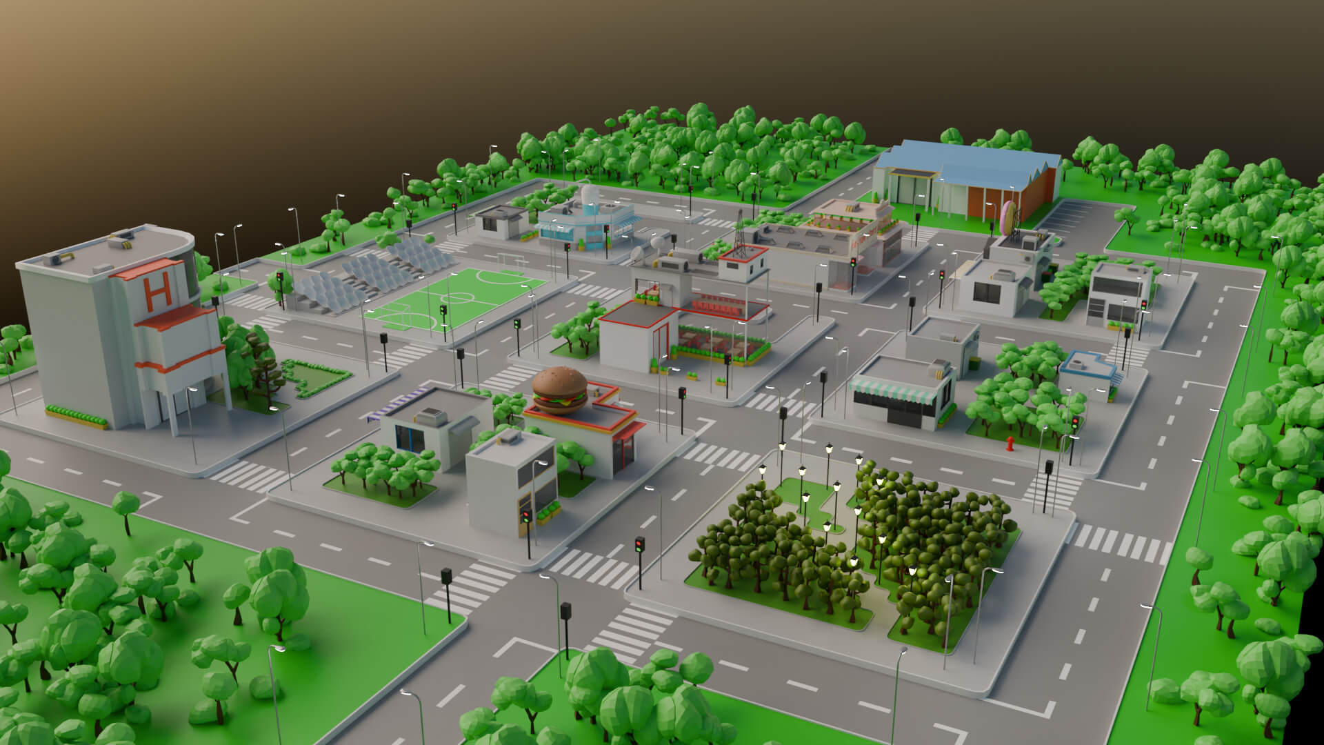 Low Poly City Block With Burger Shop – Stylized Urban - 3D Model by ...