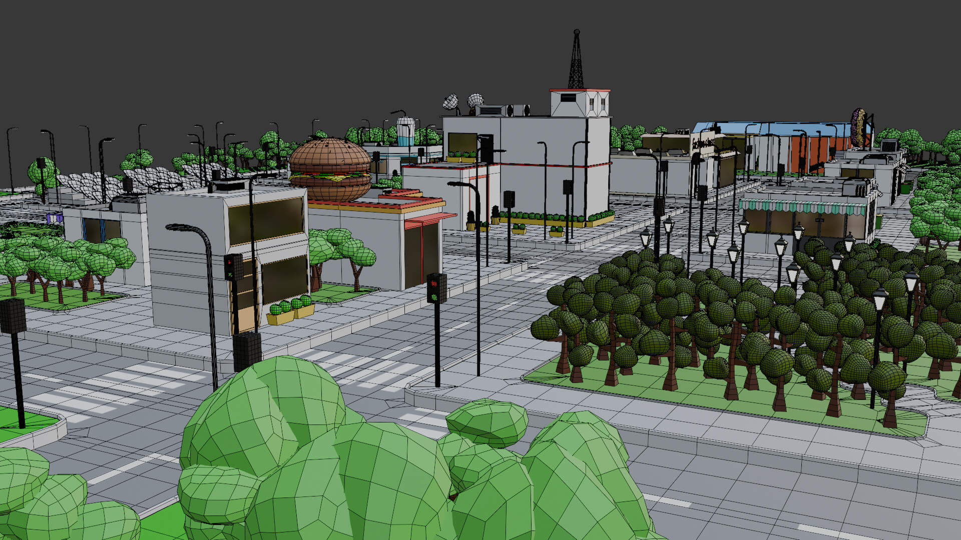 Low Poly City Block With Burger Shop – Stylized Urban - 3D Model by ...
