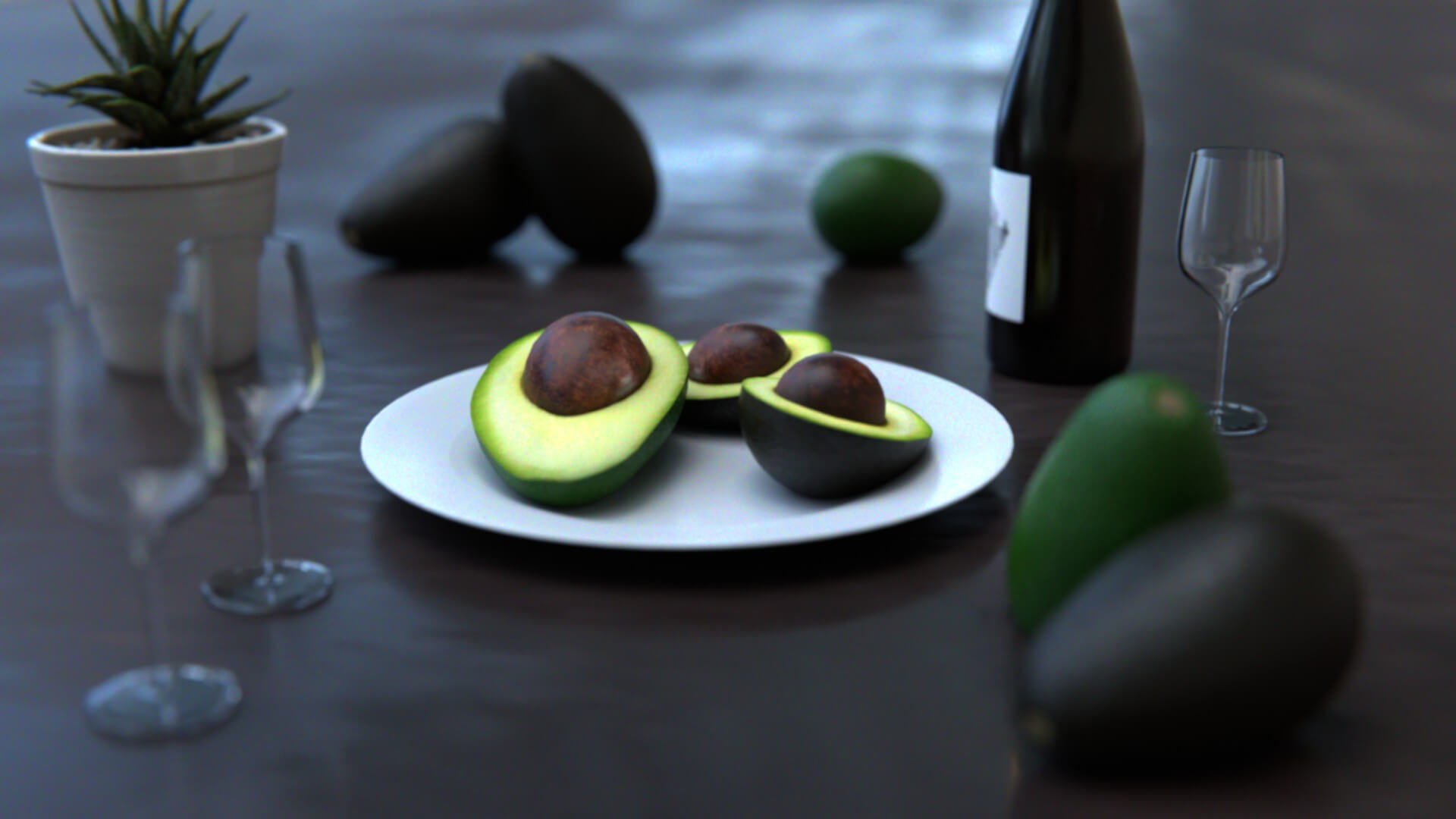Rendered Illustration of Avocados on The Table 3D Render