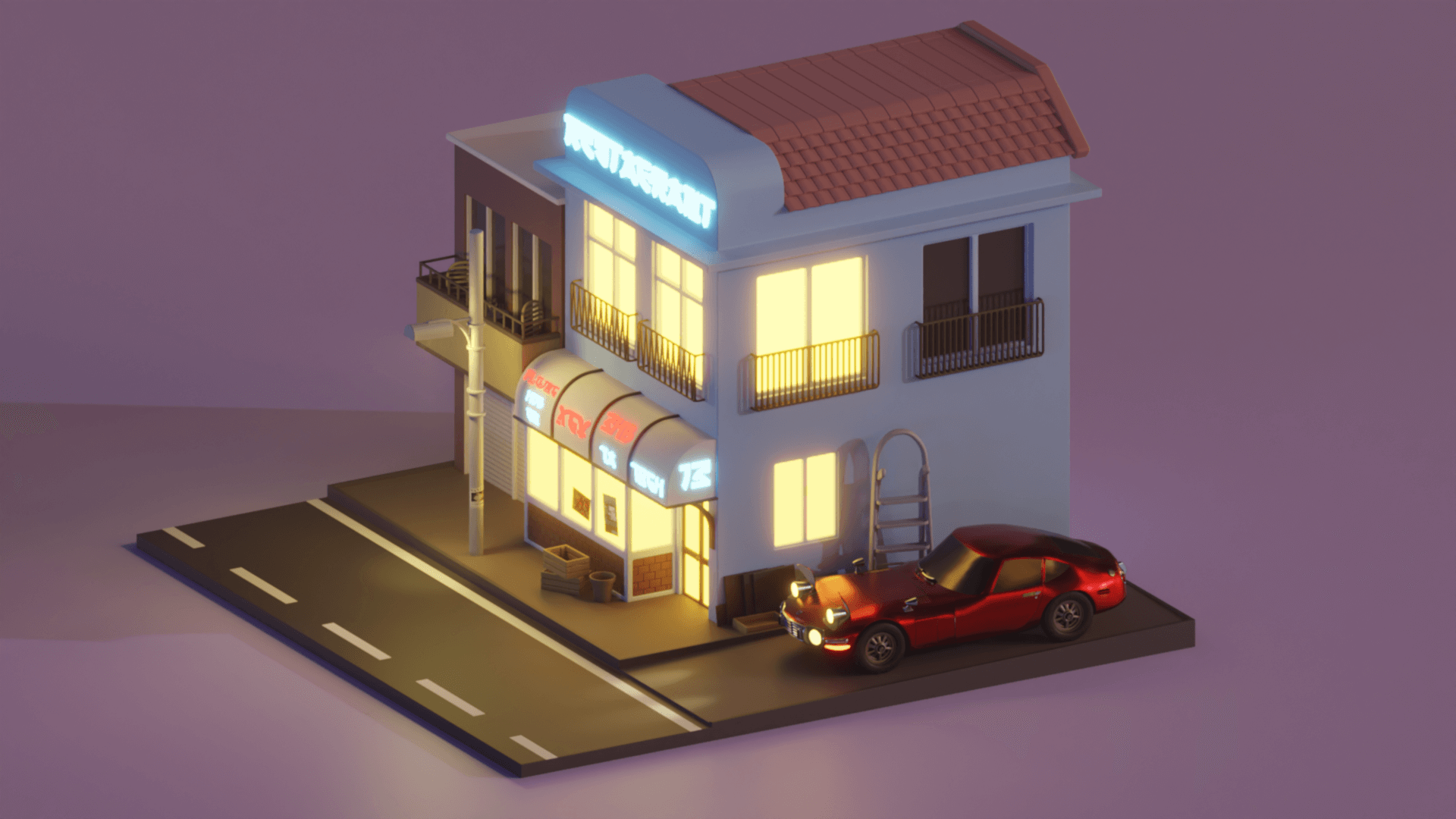 Rendered Illustration Of Evening Street 3D Render by Ottto3d