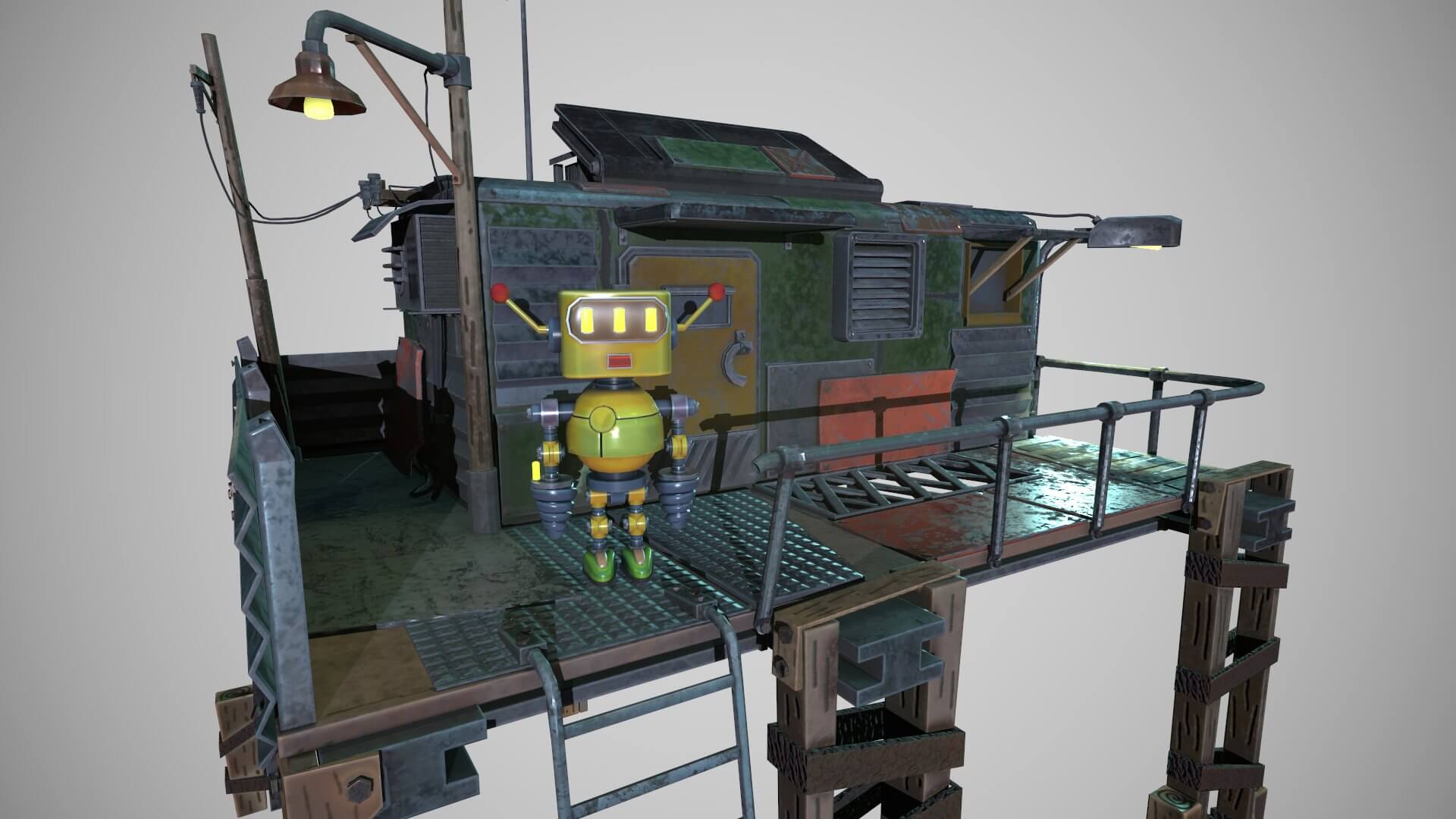 Stylized Robot and His Shack 3D Render, Digital Art by PaburoVIII