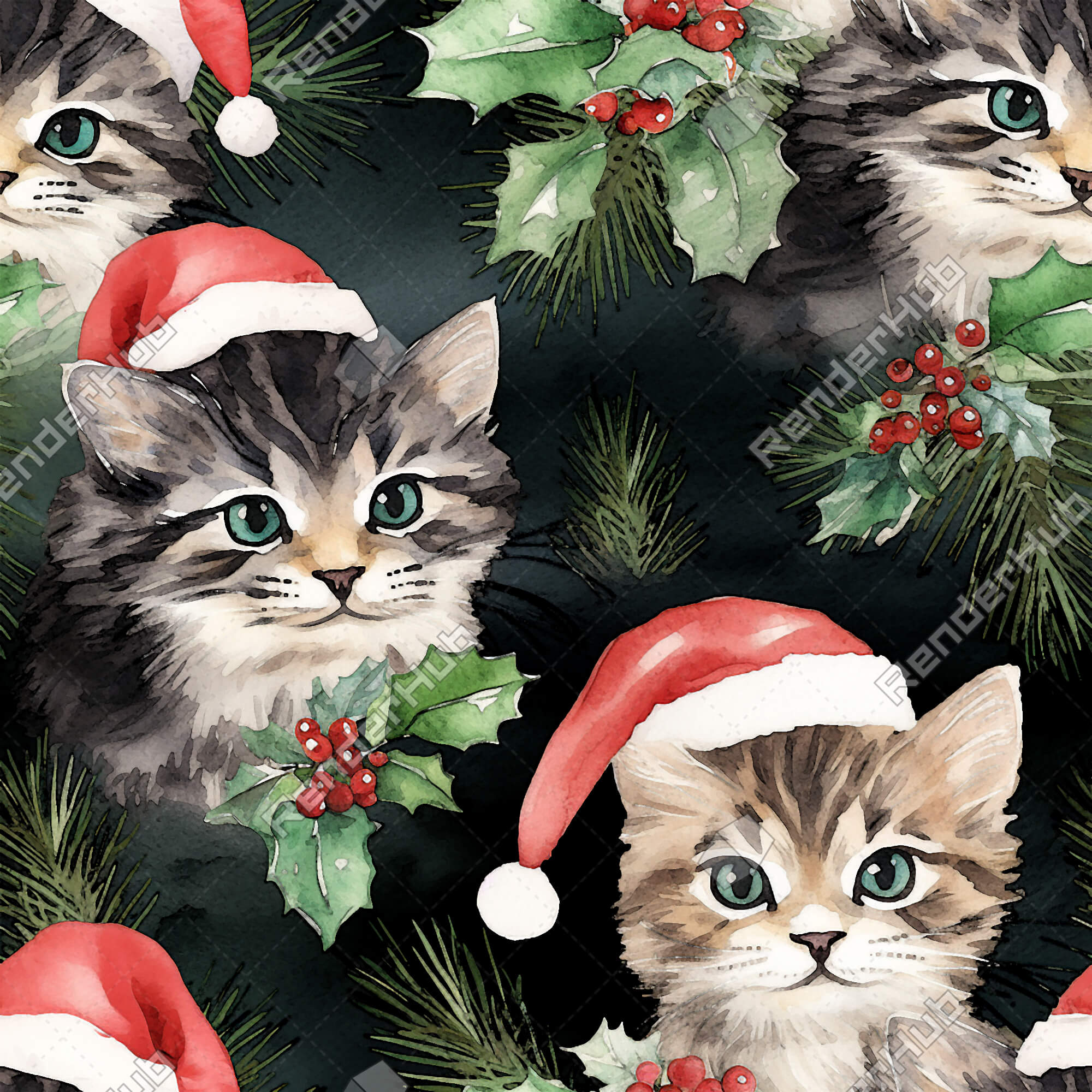 Christmas Cats Watercolor Seamless Pattern - Stock Image by ...