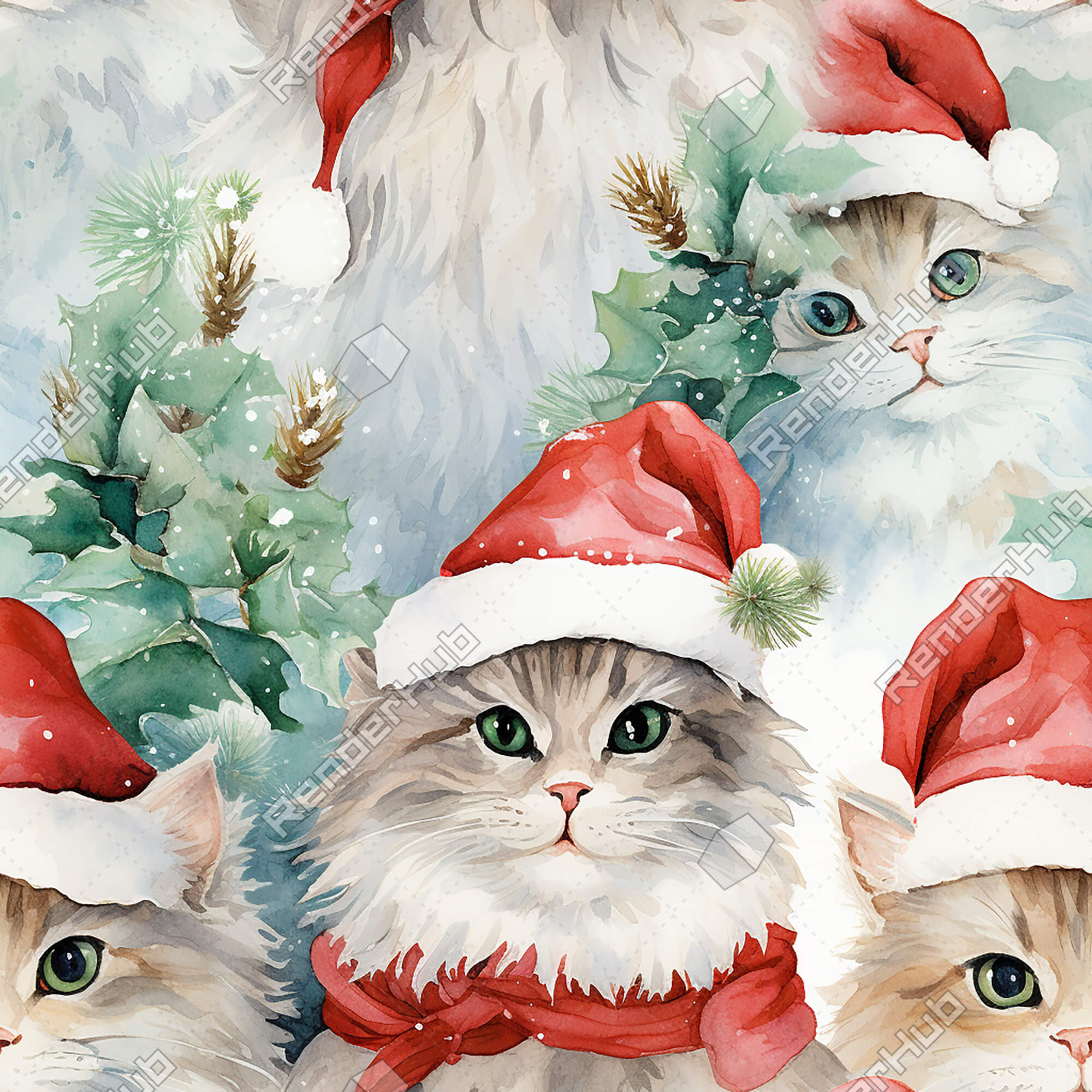Christmas Cats Watercolor Seamless Pattern - Stock Image by ...