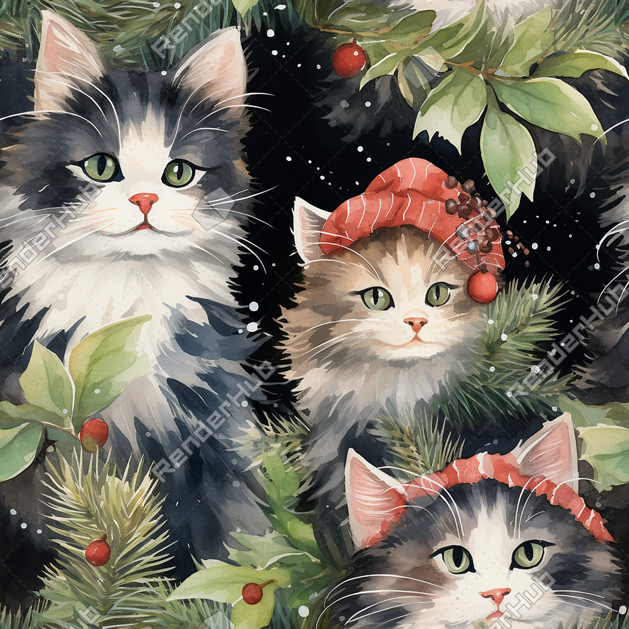 Christmas Cats Watercolor Seamless Pattern - Stock Image by ...