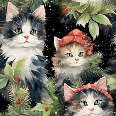 Christmas Cats Watercolor Seamless Pattern - Stock Image by ...
