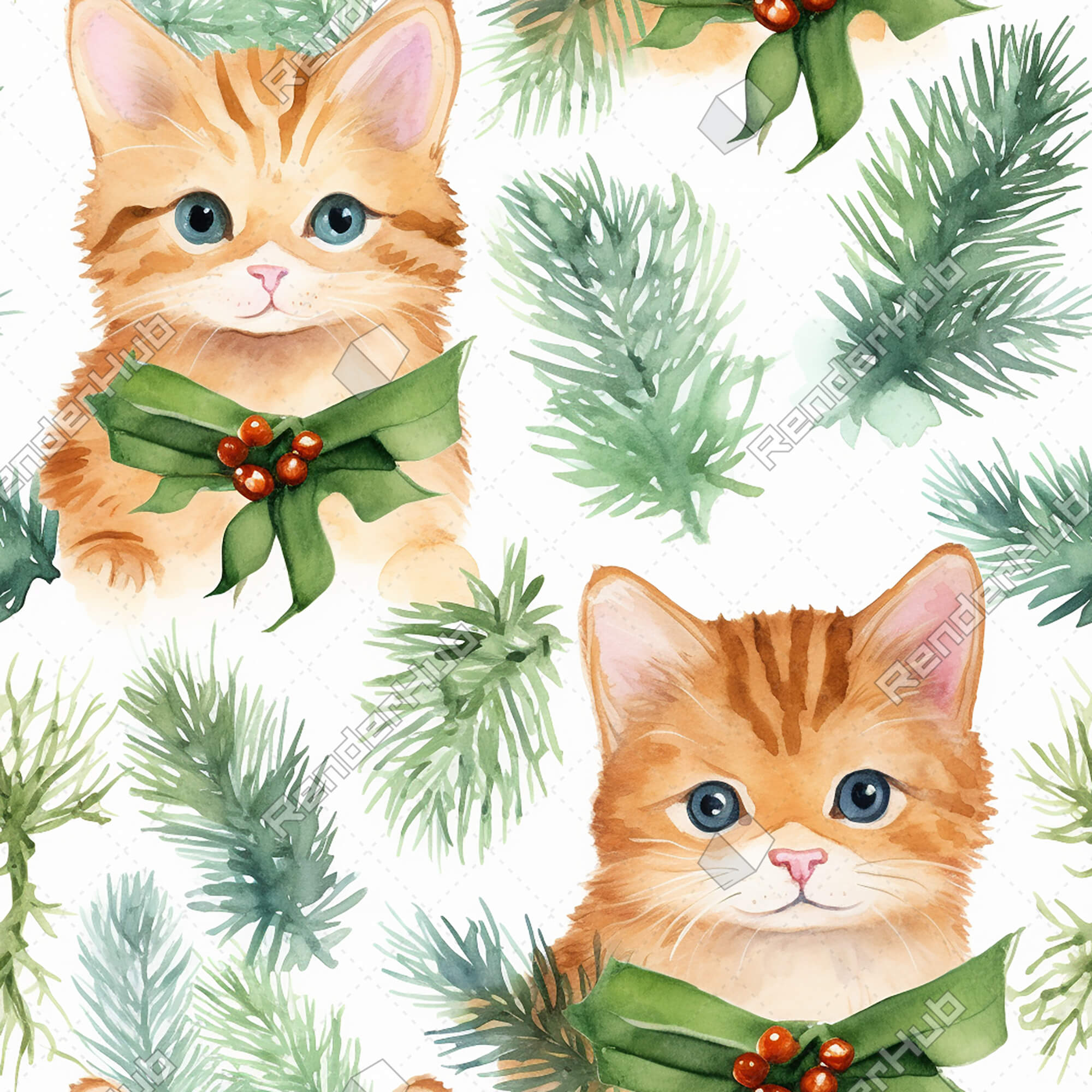 Christmas Cats Watercolor Seamless Pattern - Stock Image by ...
