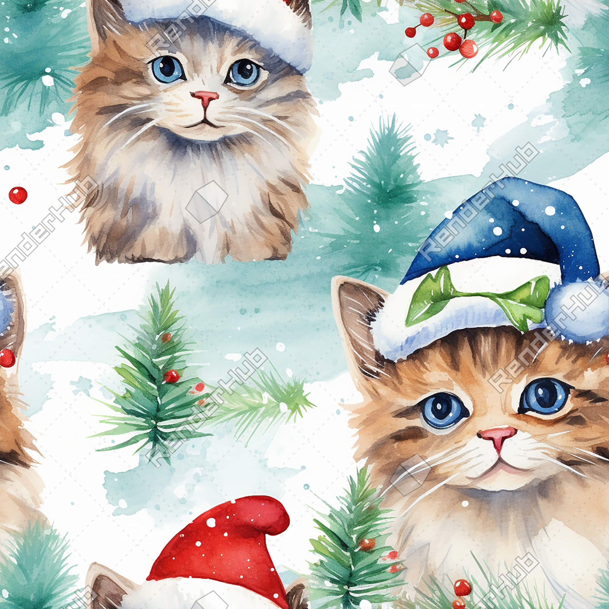 Christmas Cats Watercolor Seamless Pattern - Stock Image by ...