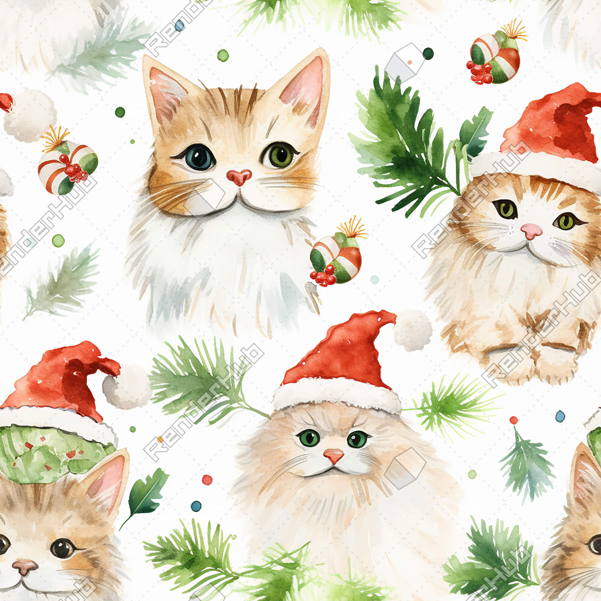 Christmas Cats Watercolor Seamless Pattern - Stock Image by ...