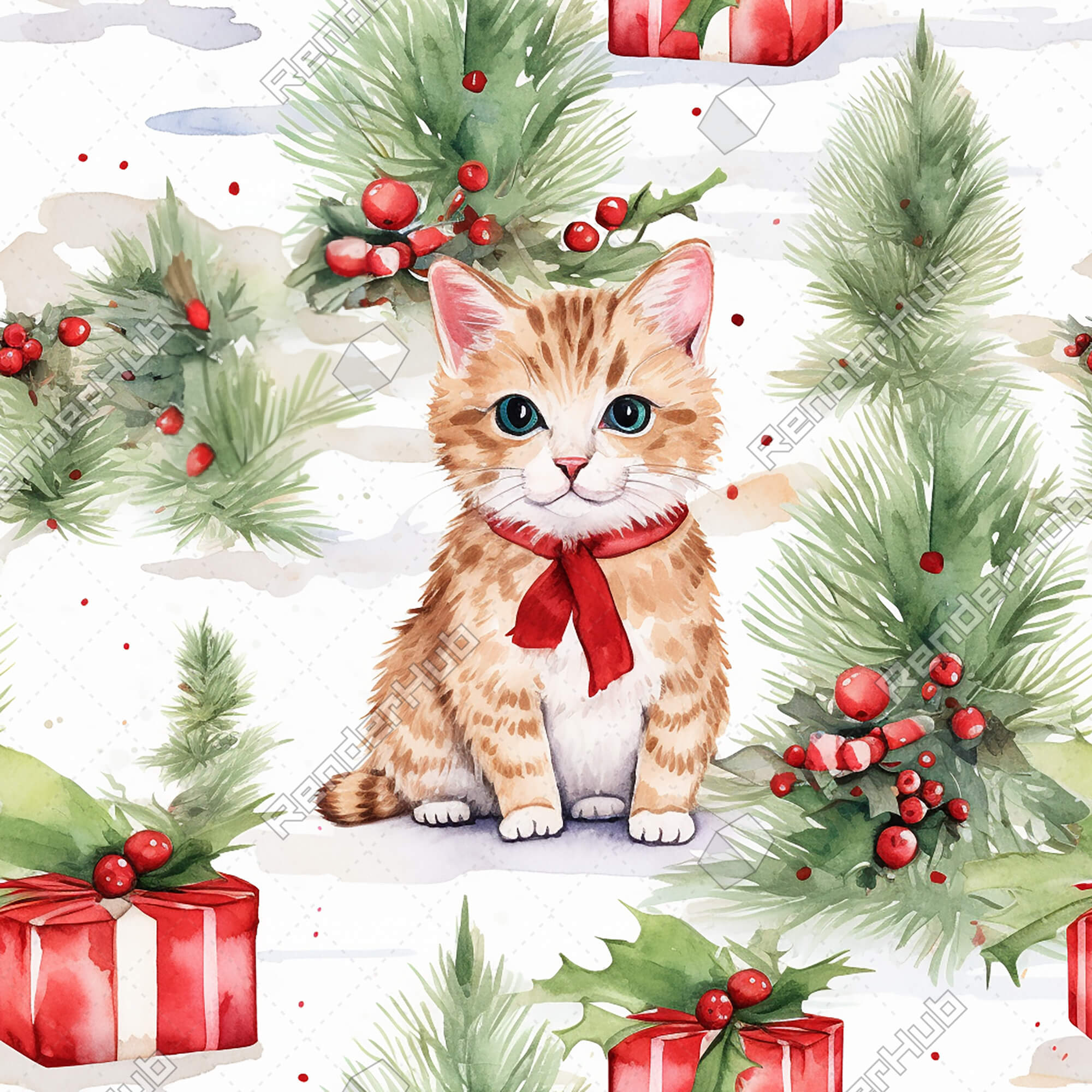 Christmas Cats Watercolor Seamless Pattern - Stock Image by ...