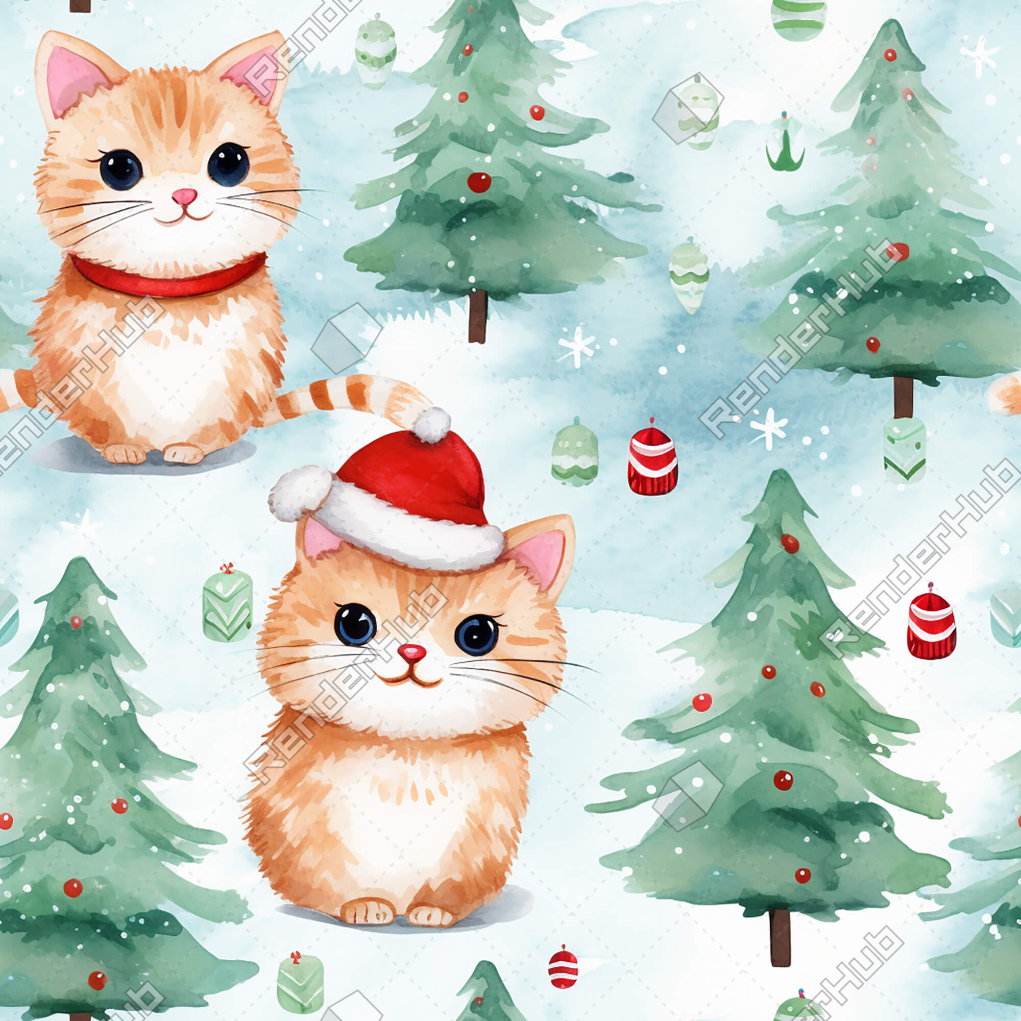 Christmas Cats Watercolor Seamless Pattern - Stock Image by ...