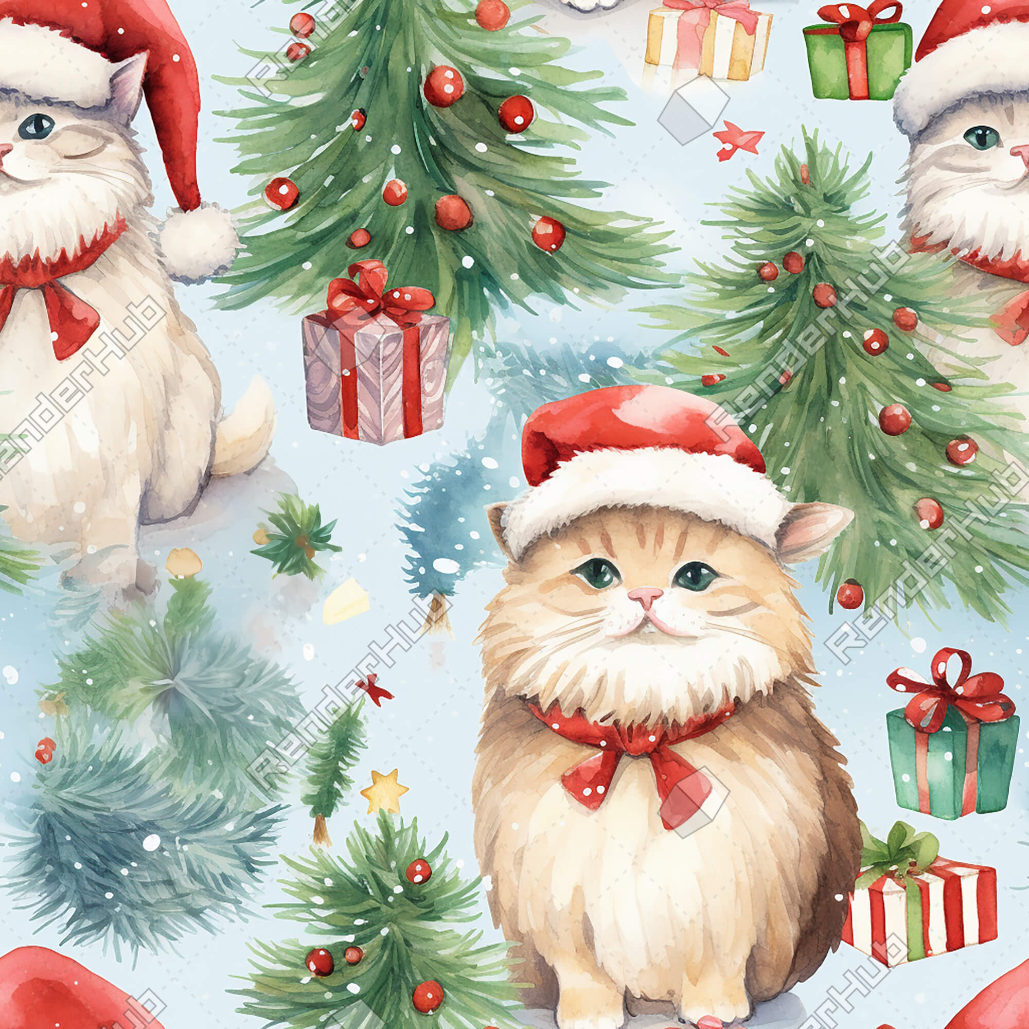Christmas Cats Watercolor Seamless Pattern - Stock Image by ...