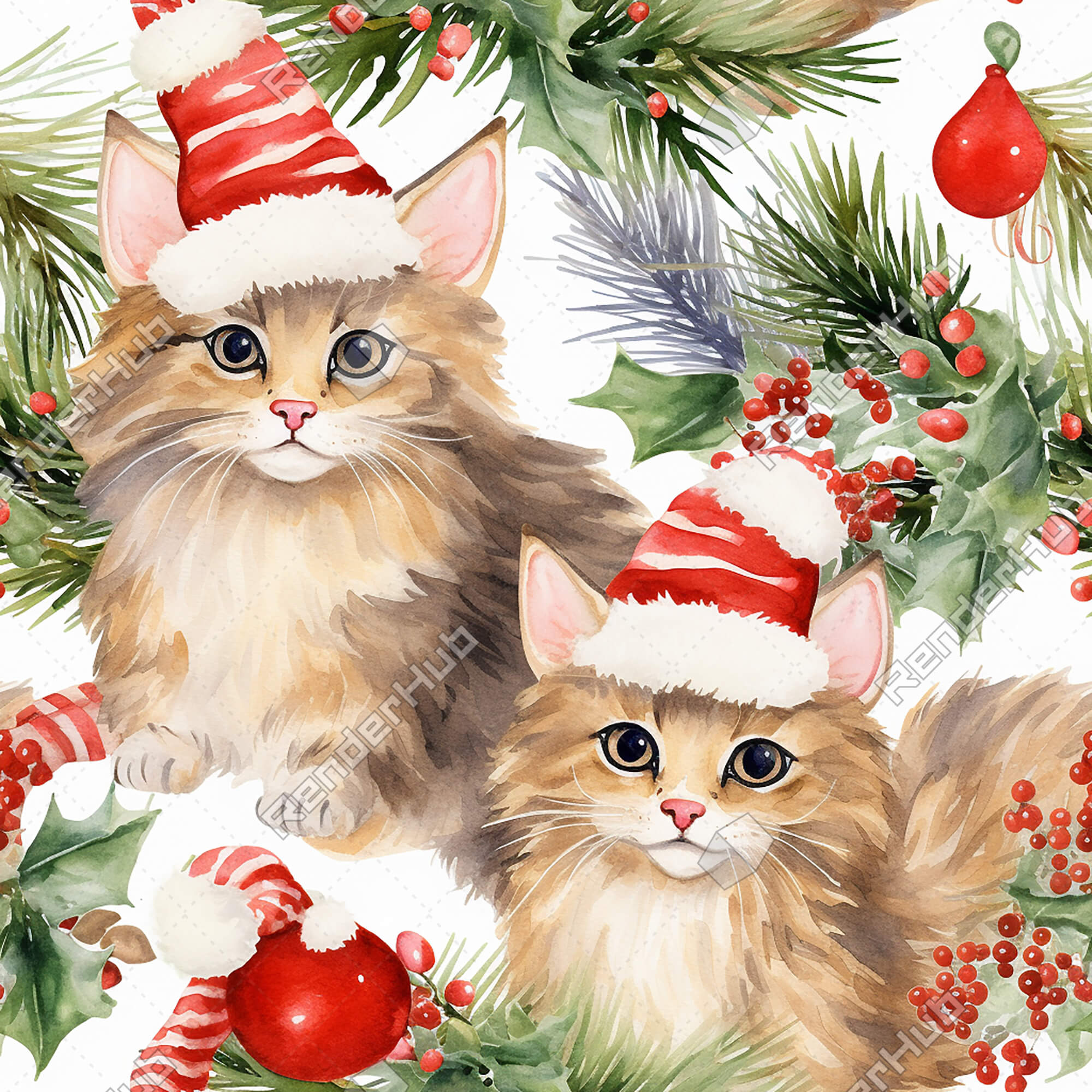 Christmas Cats Watercolor Seamless Pattern - Stock Image by ...