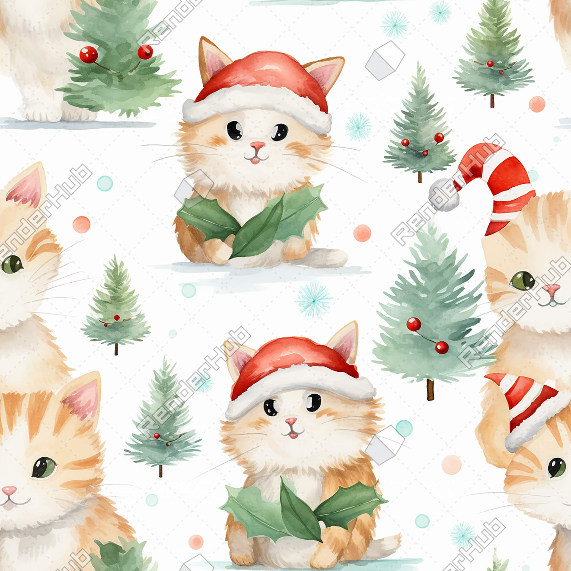 Christmas Cats Watercolor Seamless Pattern - Stock Image by ...
