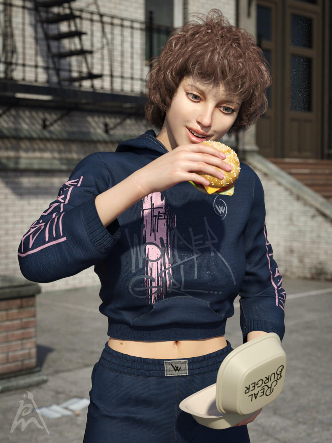 Ava Eating a Burger 3D Render, Digital Art by Petege