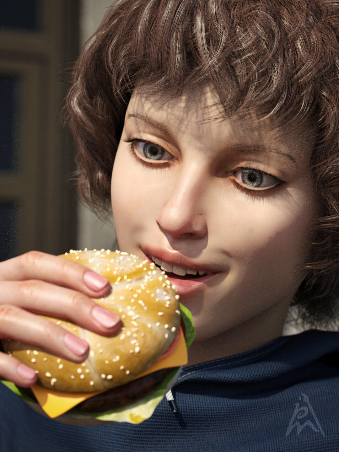 Ava Eating a Burger 3D Render | RenderHub Gallery