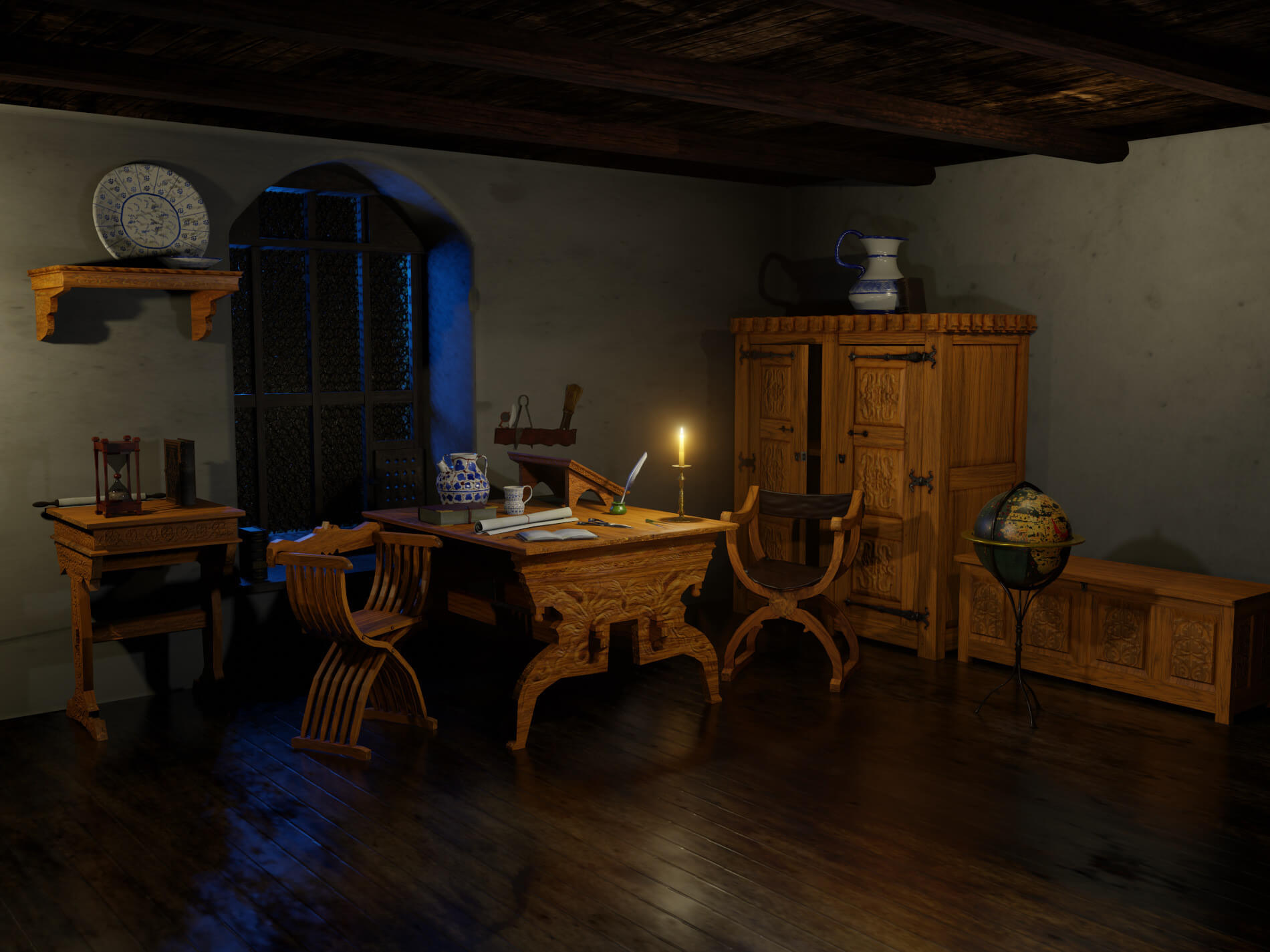 Medieval writing room ca. 15-16 c. 3D Render by PixMoDream