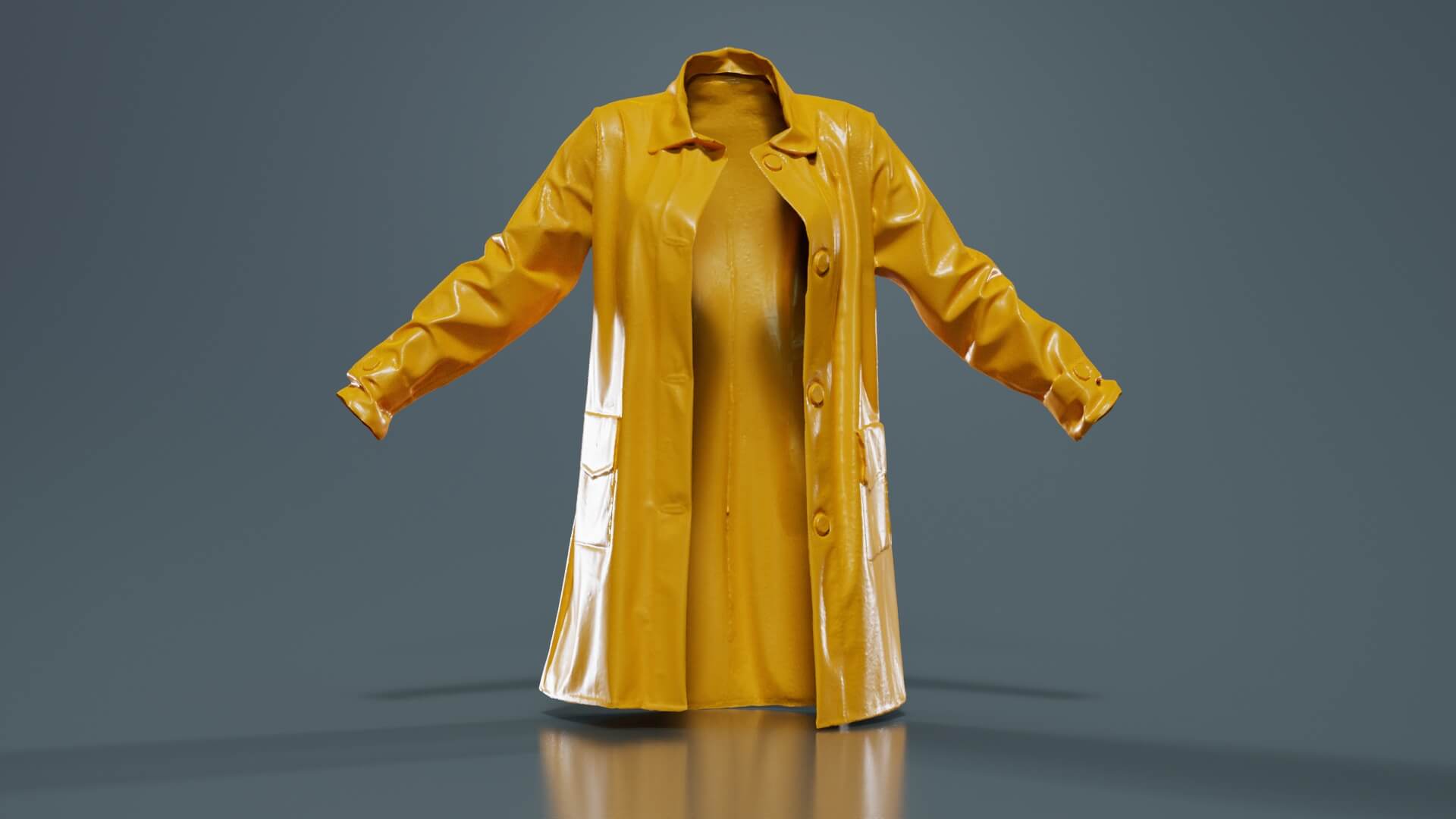 Yellow Pockets Vinyl Raincoat Open - 3D Model by Polygonal Miniatures