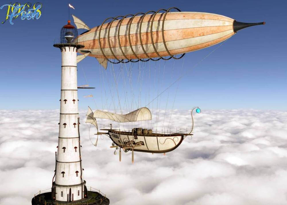 Lighthouse And Airship 3D Render, Digital Art by pooh68