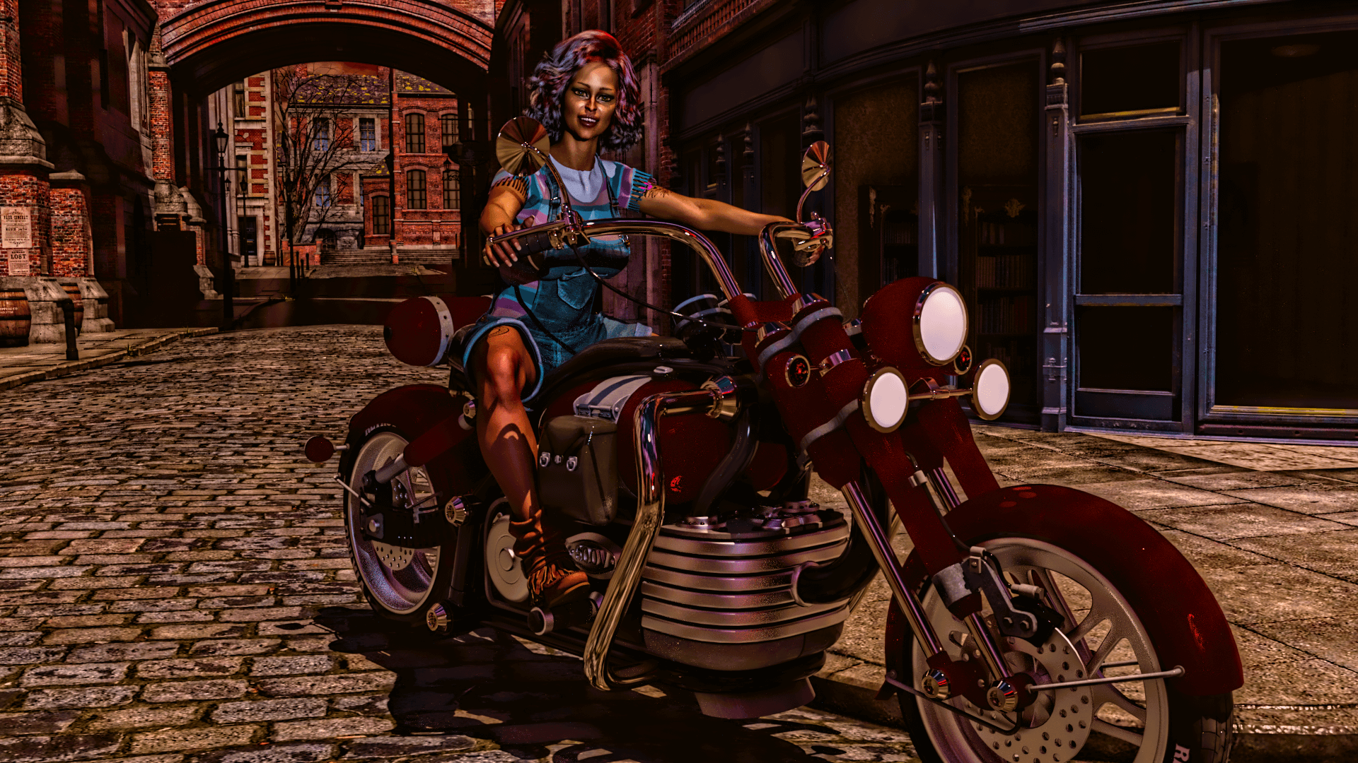 Upon a steel steed, she rides the open road. 3D Render