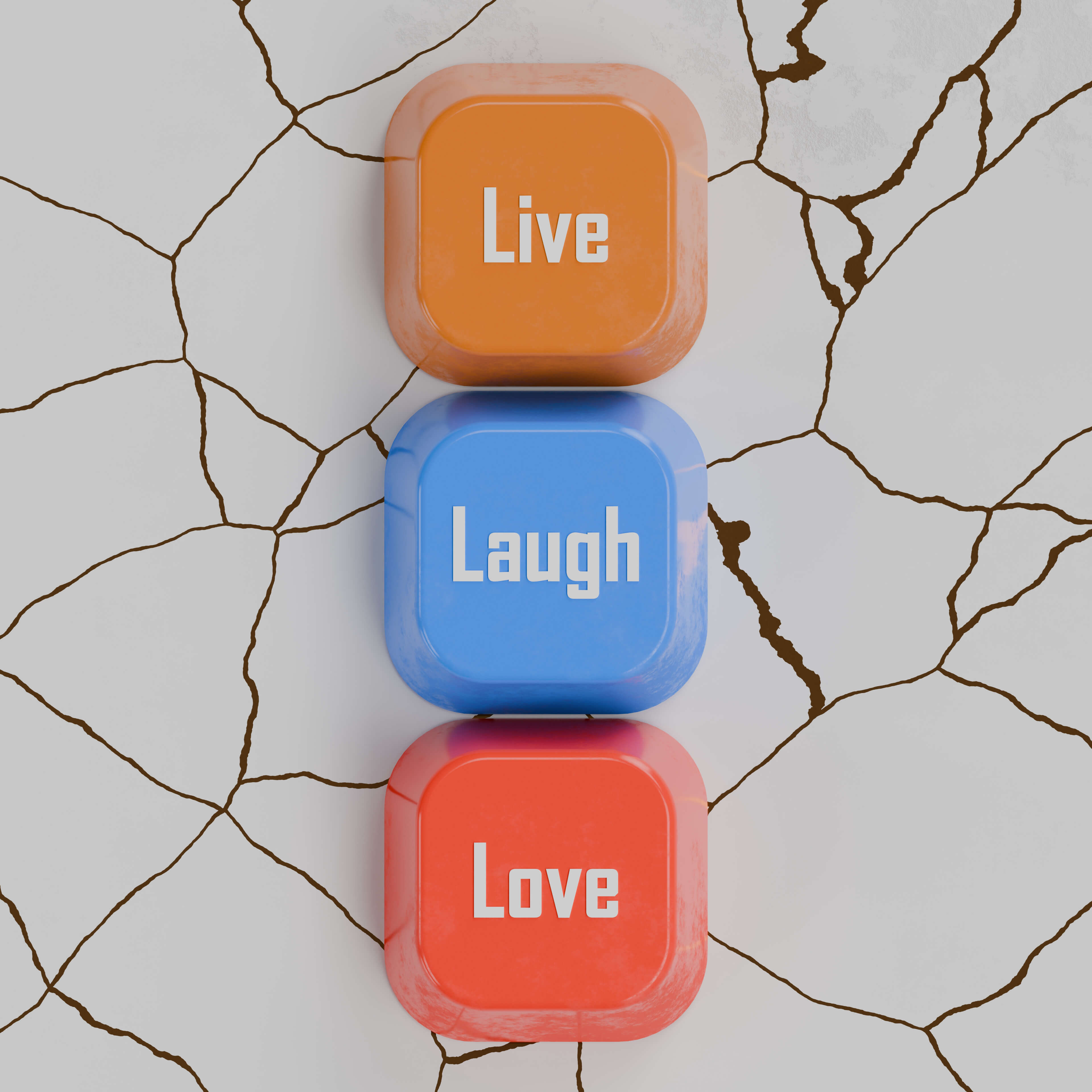 Live, Laugh, Love on Cracked Keyboard Keys 3D Render