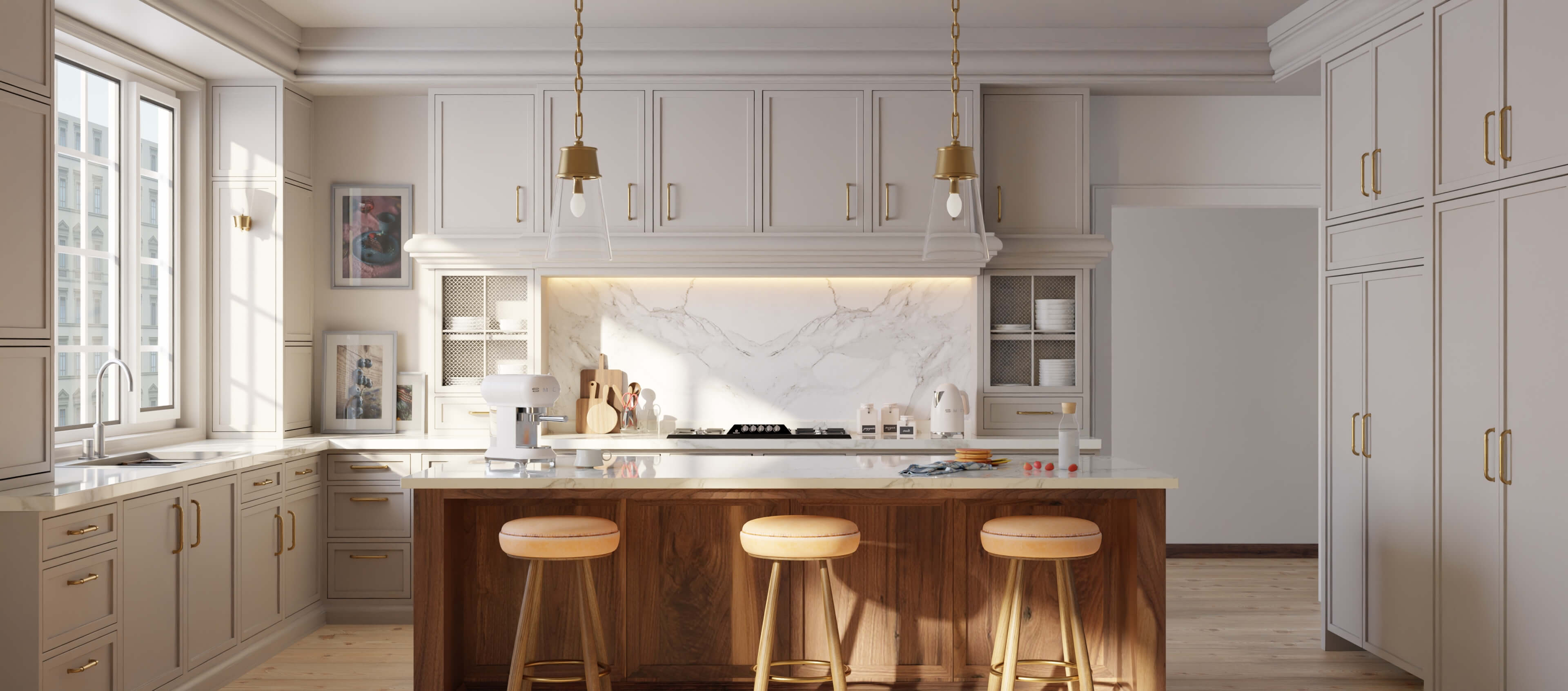 Sophisticated Neo-Classical Kitchen with Warm Marble and Brass Accents