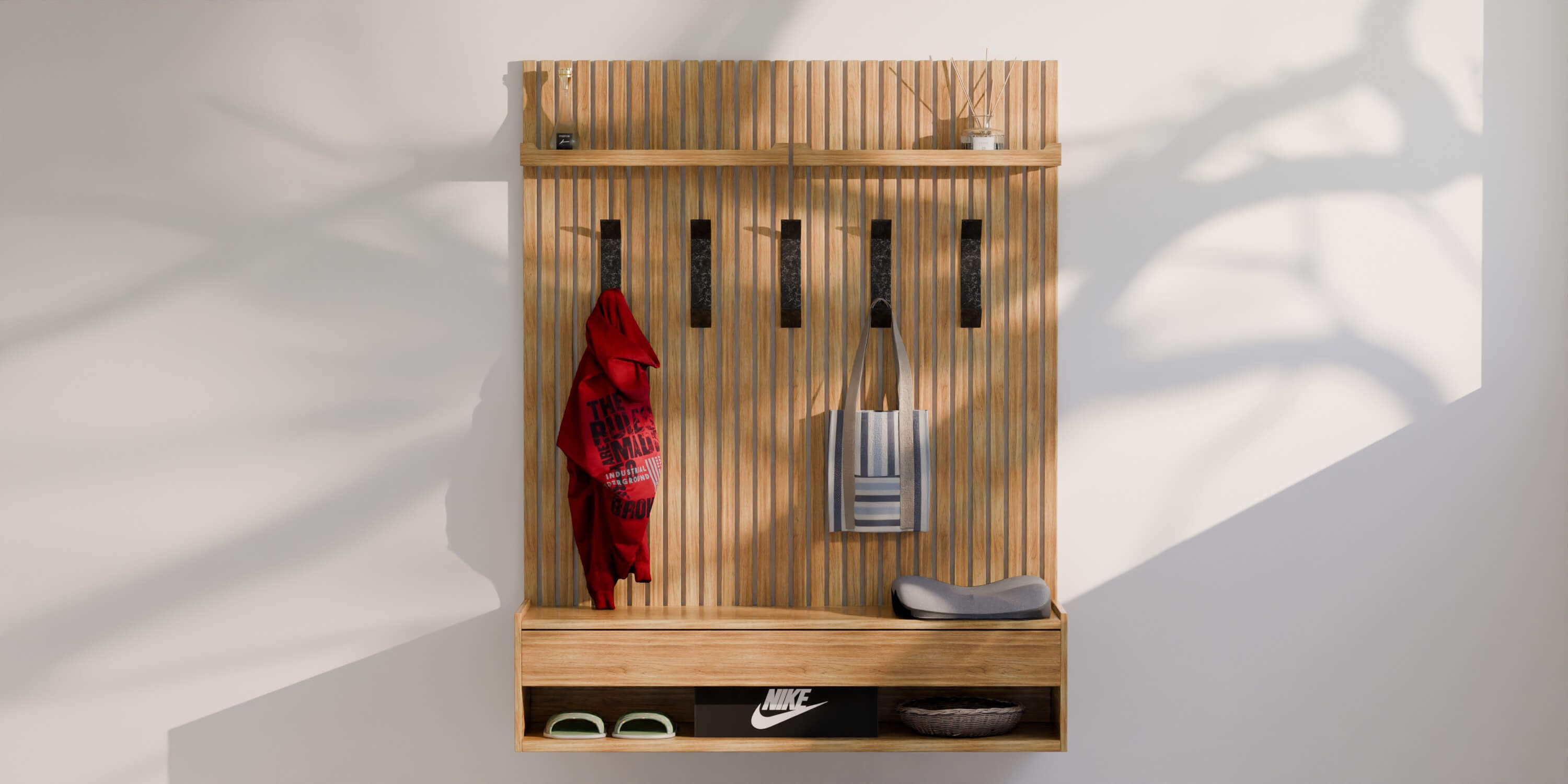 Modern Minimalist Batten Oak Hall Shoes Storage & Panel - Free 3D Model ...