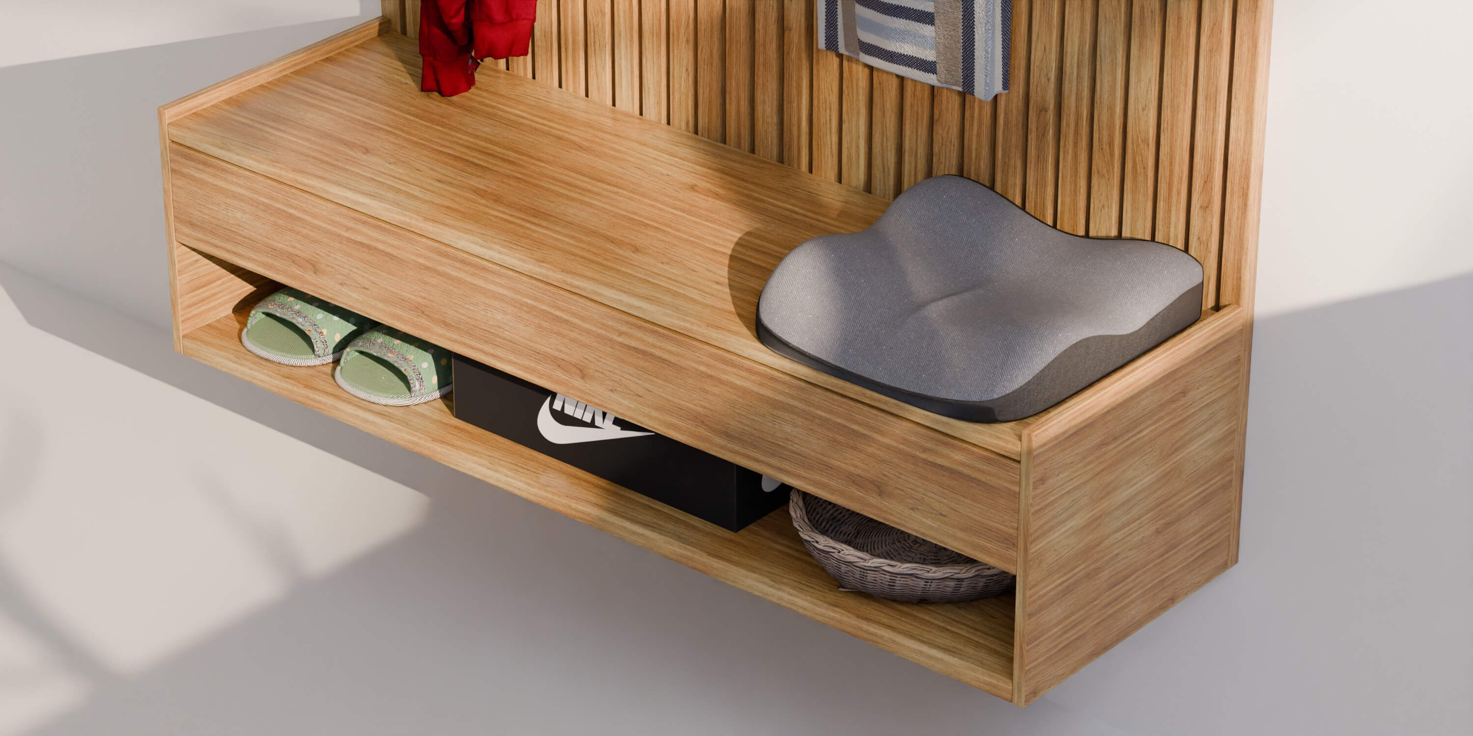 Modern Minimalist Batten Oak Hall Shoes Storage & Panel - Free 3D Model by puscas_adryan