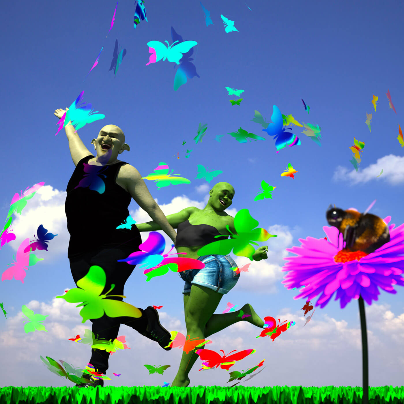 Bees, Butterflies and Trolls 3D Render, Digital Art by Pushee-Ri