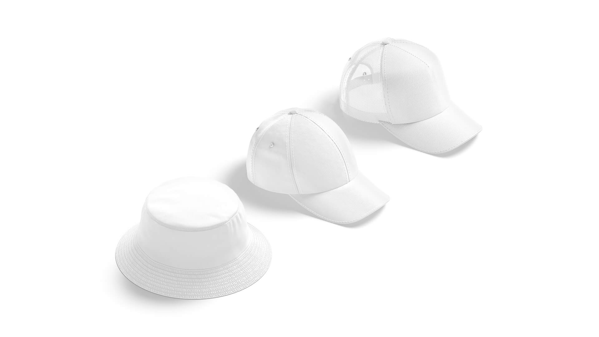 White Cap Set - 3 Type Baseball Trucker Bucket Hat 3D Model by rebrandy