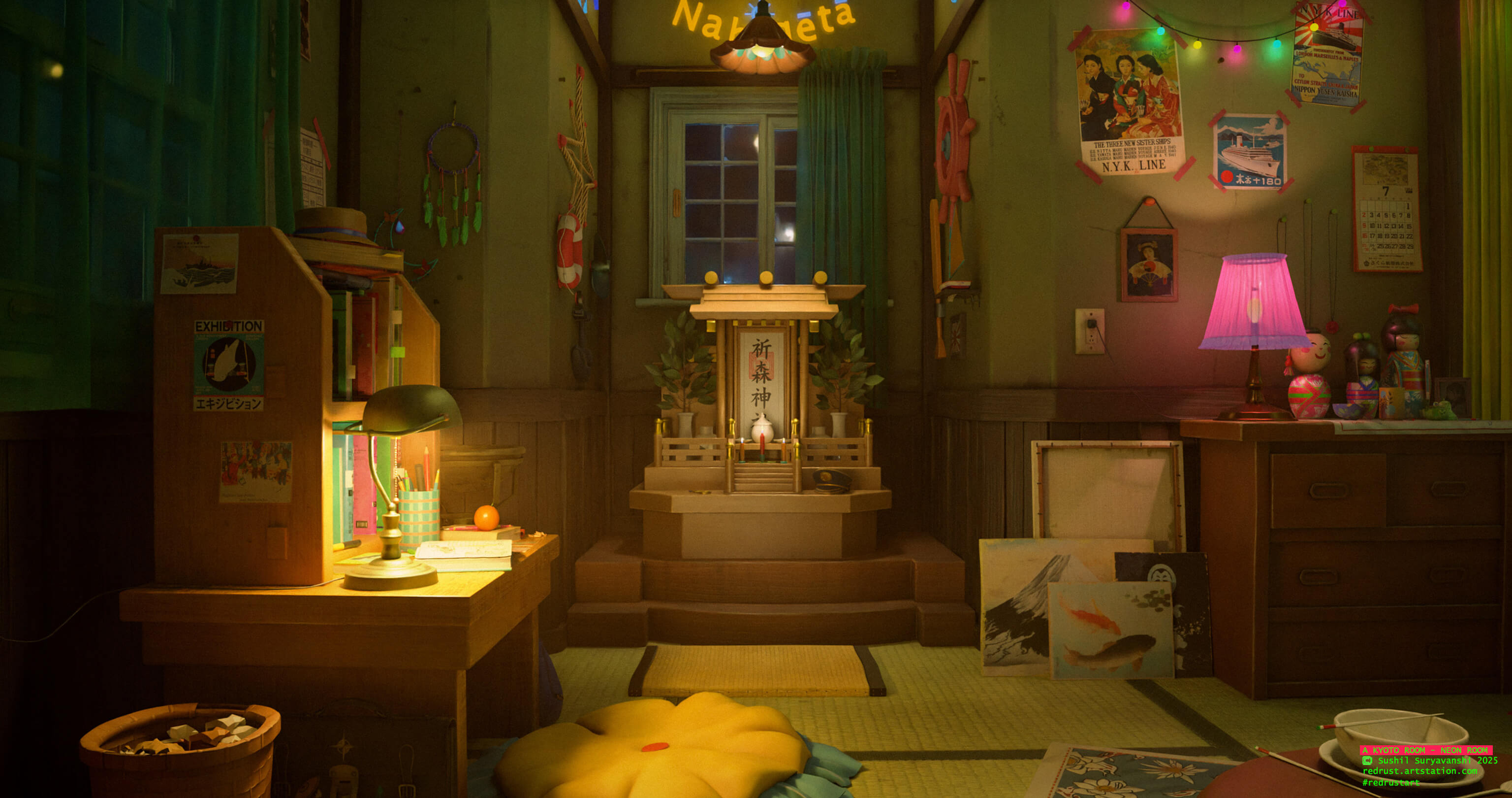 A KYOTO ROOM - NEON NIGHT 3D Render, Digital Art by redrust