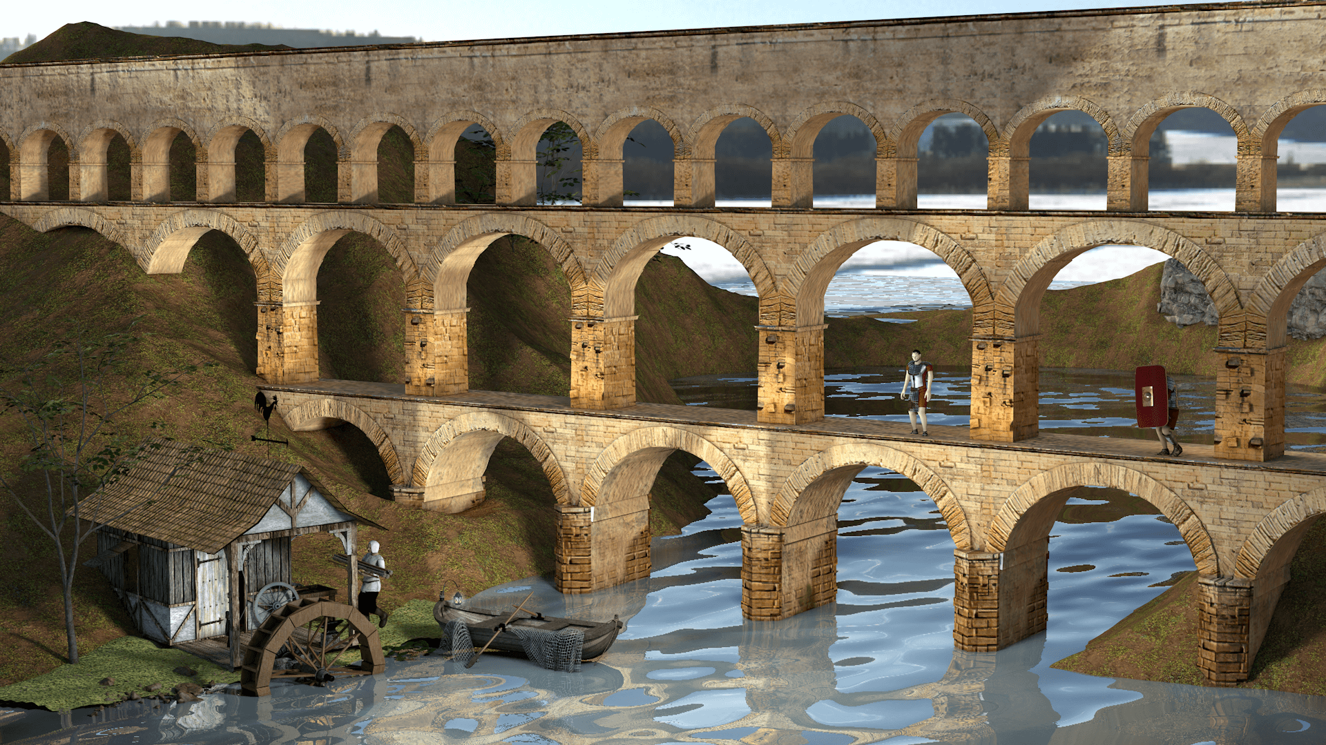 Roman Empire aqueduct. 3D Render, Digital Art by renatodalle