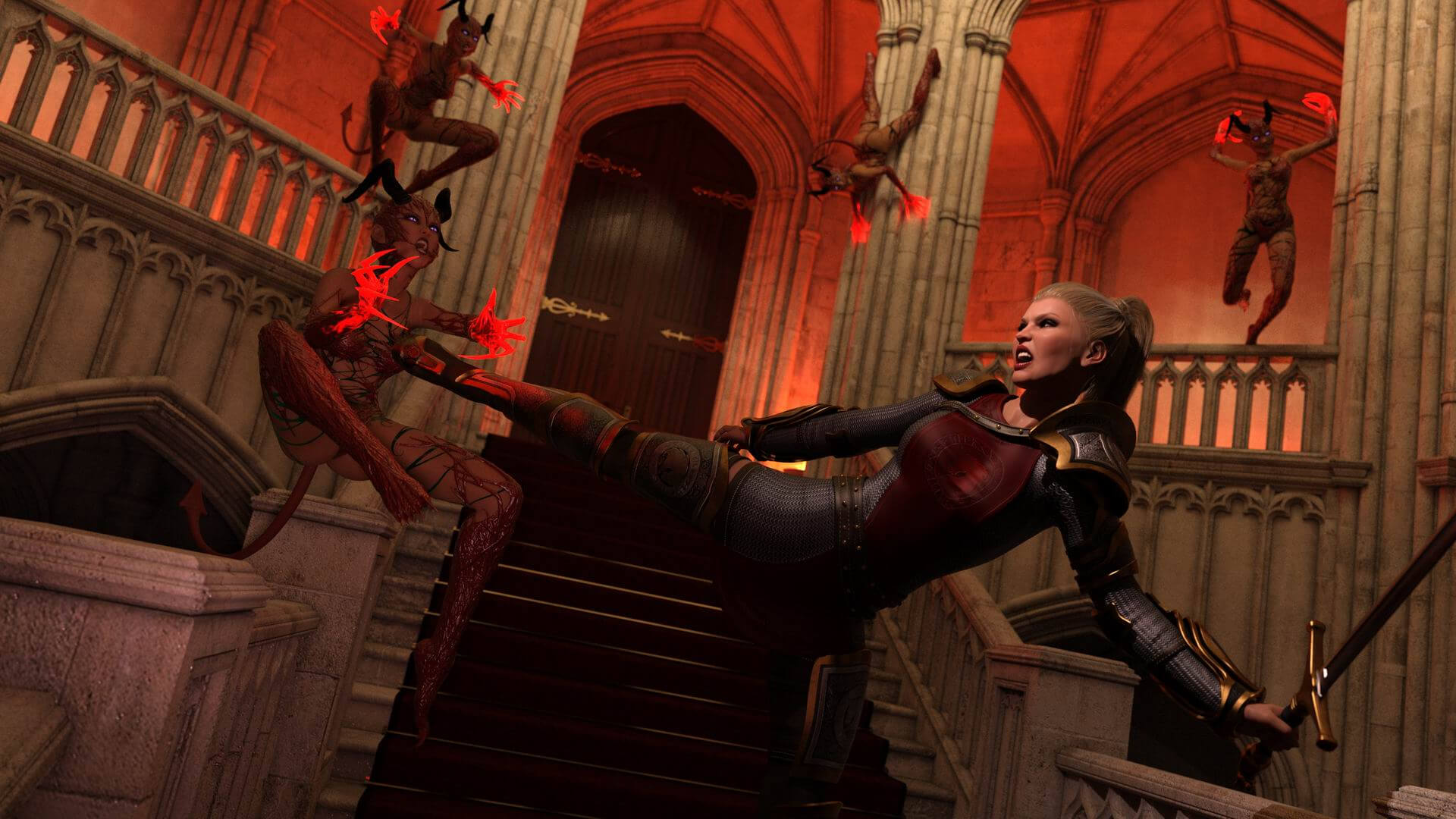 Fighting the Deamons 3D Render, Digital Art by RenderGalleryOne