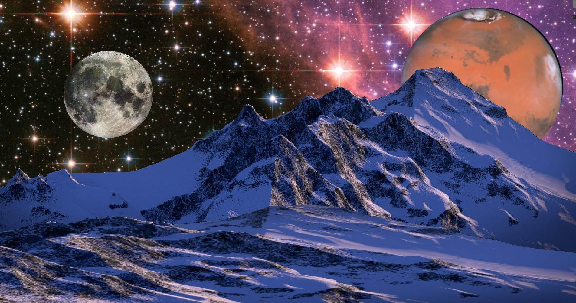 Landscape Mountains Space with Moon and Mars 3D Render by RogerDS