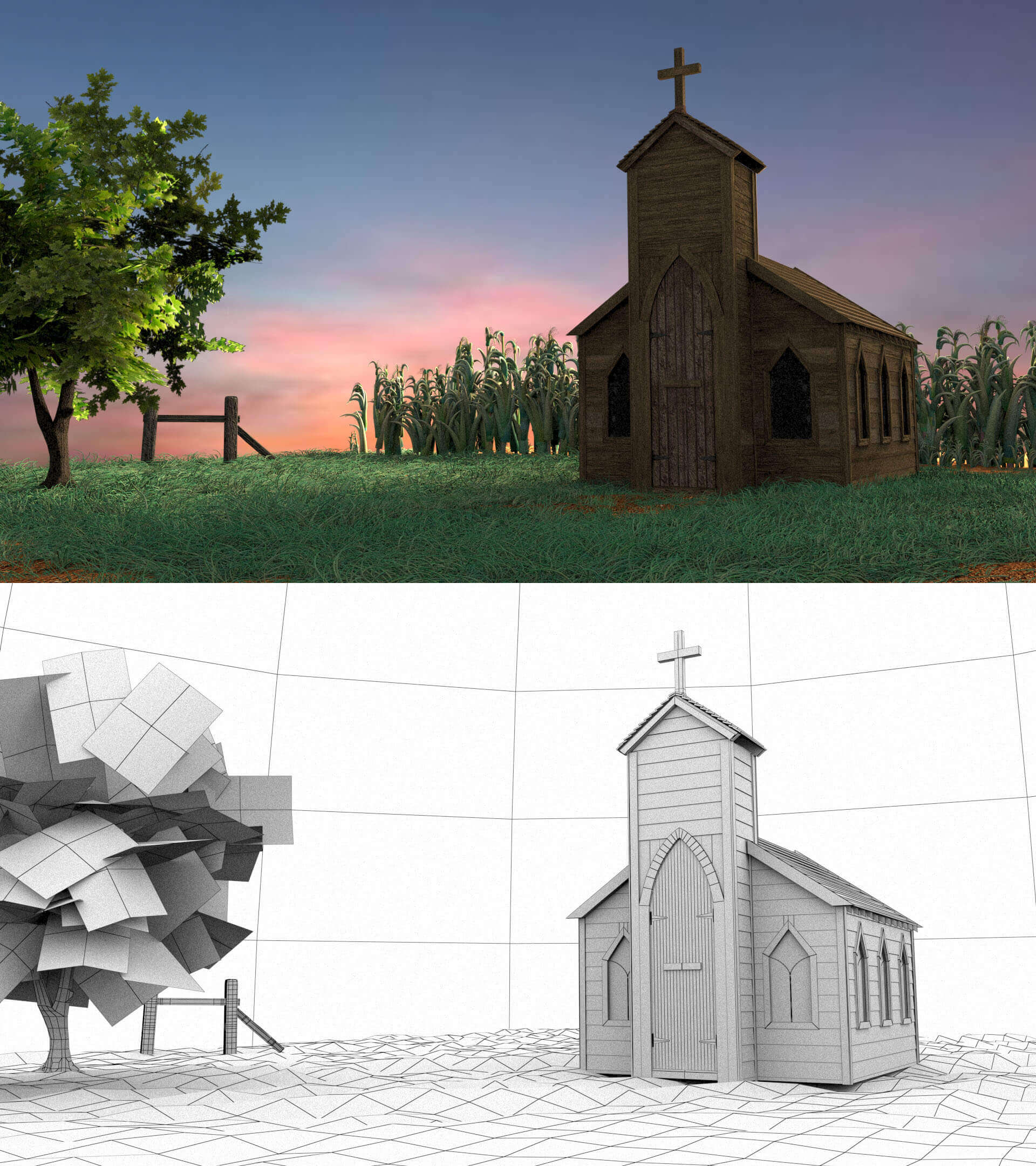 Kansas Church 3D Render, Digital Art by saraearle